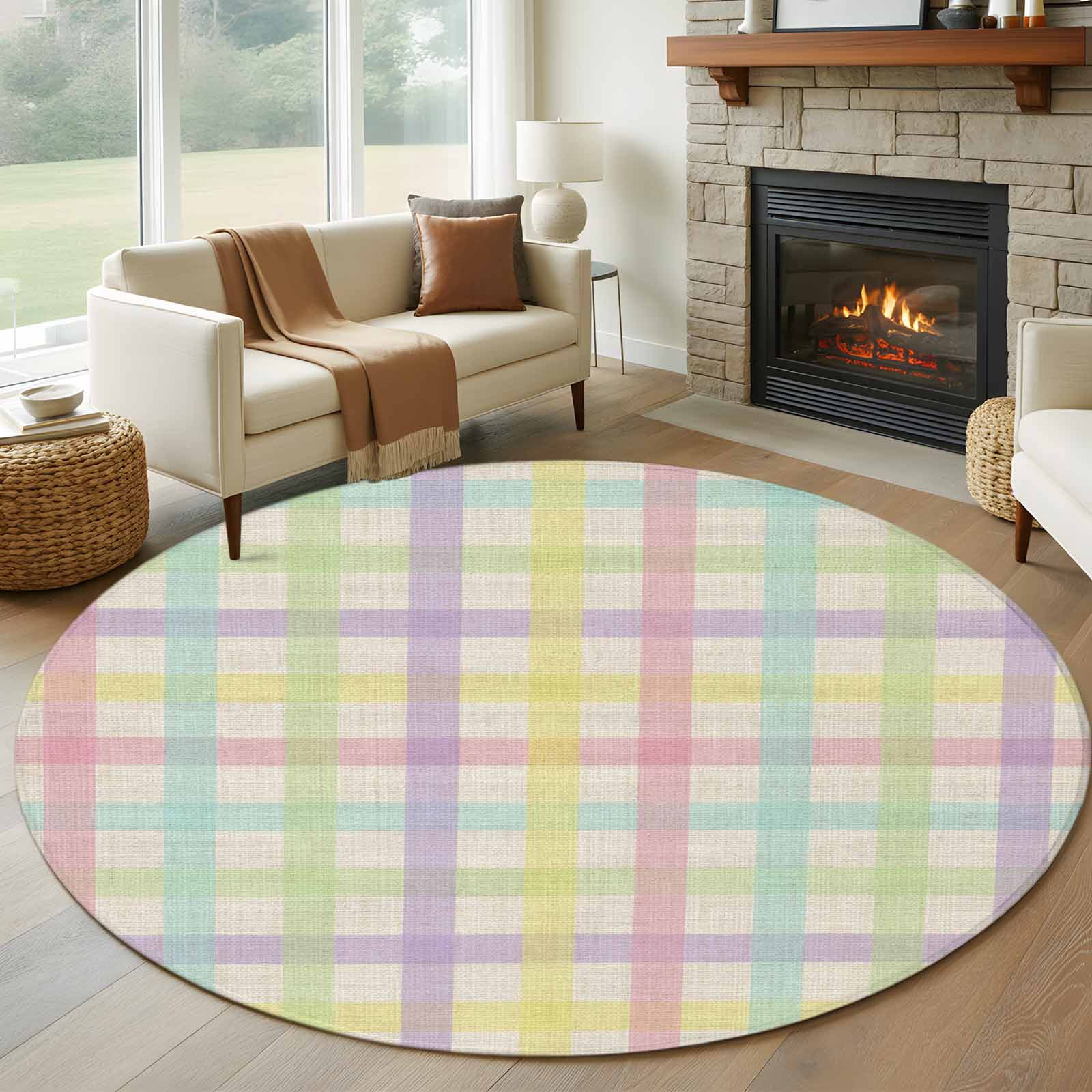 Green Beige Plaid Round Rug 8ft Washable Circle Rugs Non Slip Farmhouse ...