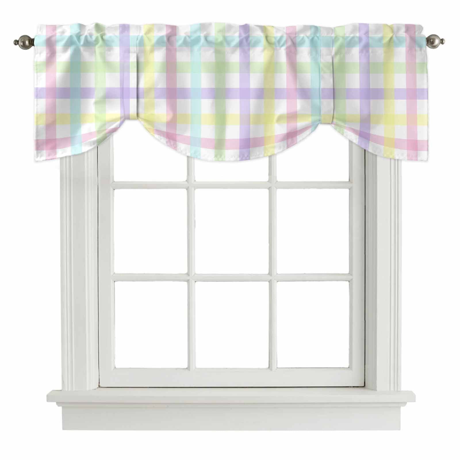 Green Beige Plaid Tie Up Valance Curtains for Windows, Kitchen Curtains ...