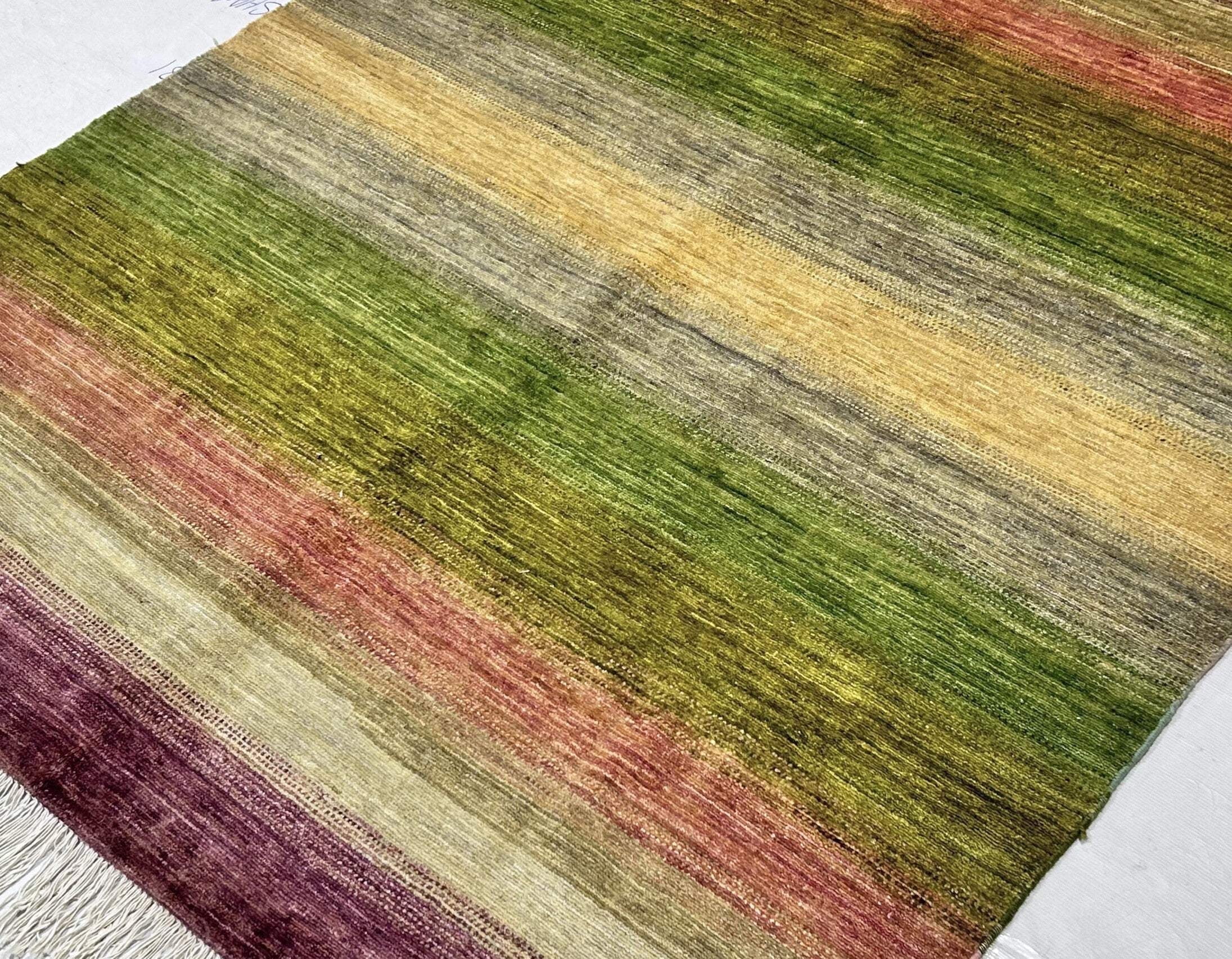 Green Beige Premium Handwoven Pure Wool Gaba Rug, 5ft 2in x 6ft 6in ...