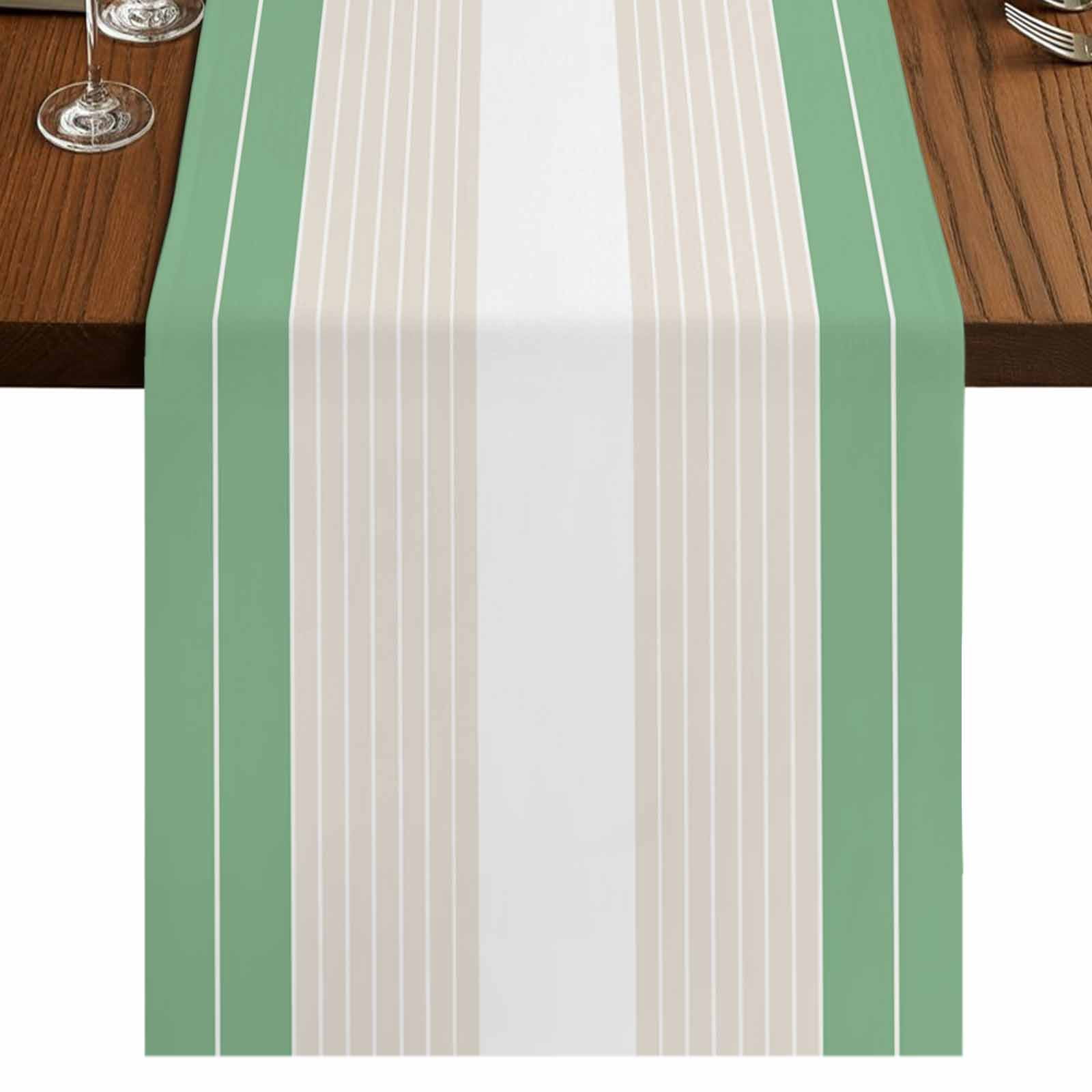 Green Beige Stripe 36 Inch Table Runner, Modern Art Horizontal Striped ...