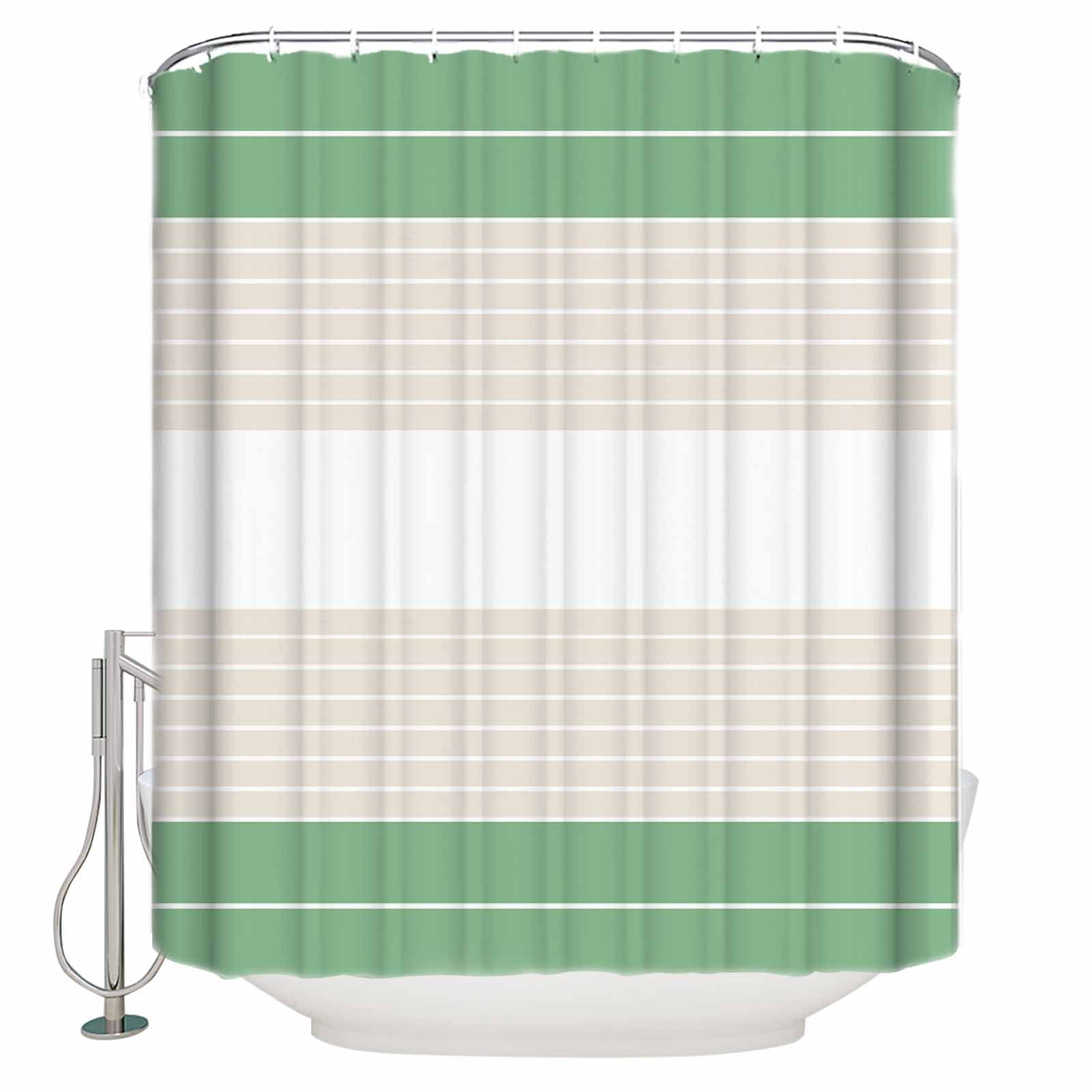 Green Beige Stripe Bathroom Shower Curtains with 12 Hooks Polyester ...