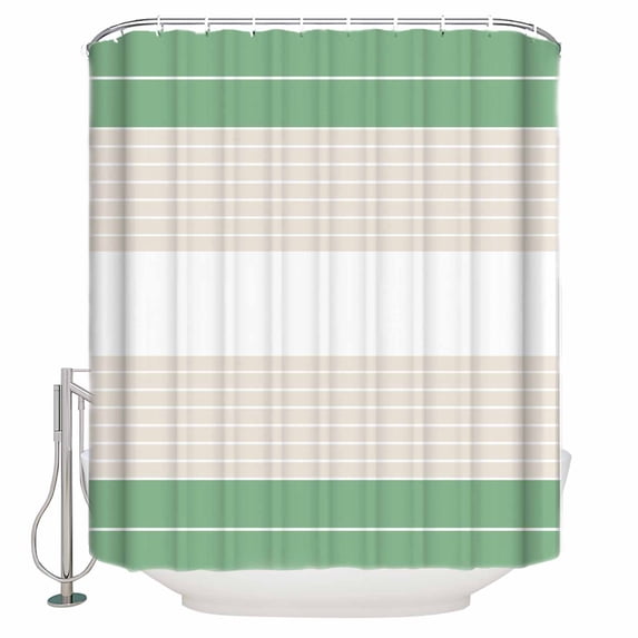 Green Beige Stripe Bathroom Shower Curtains with 12 Hooks Polyester ...