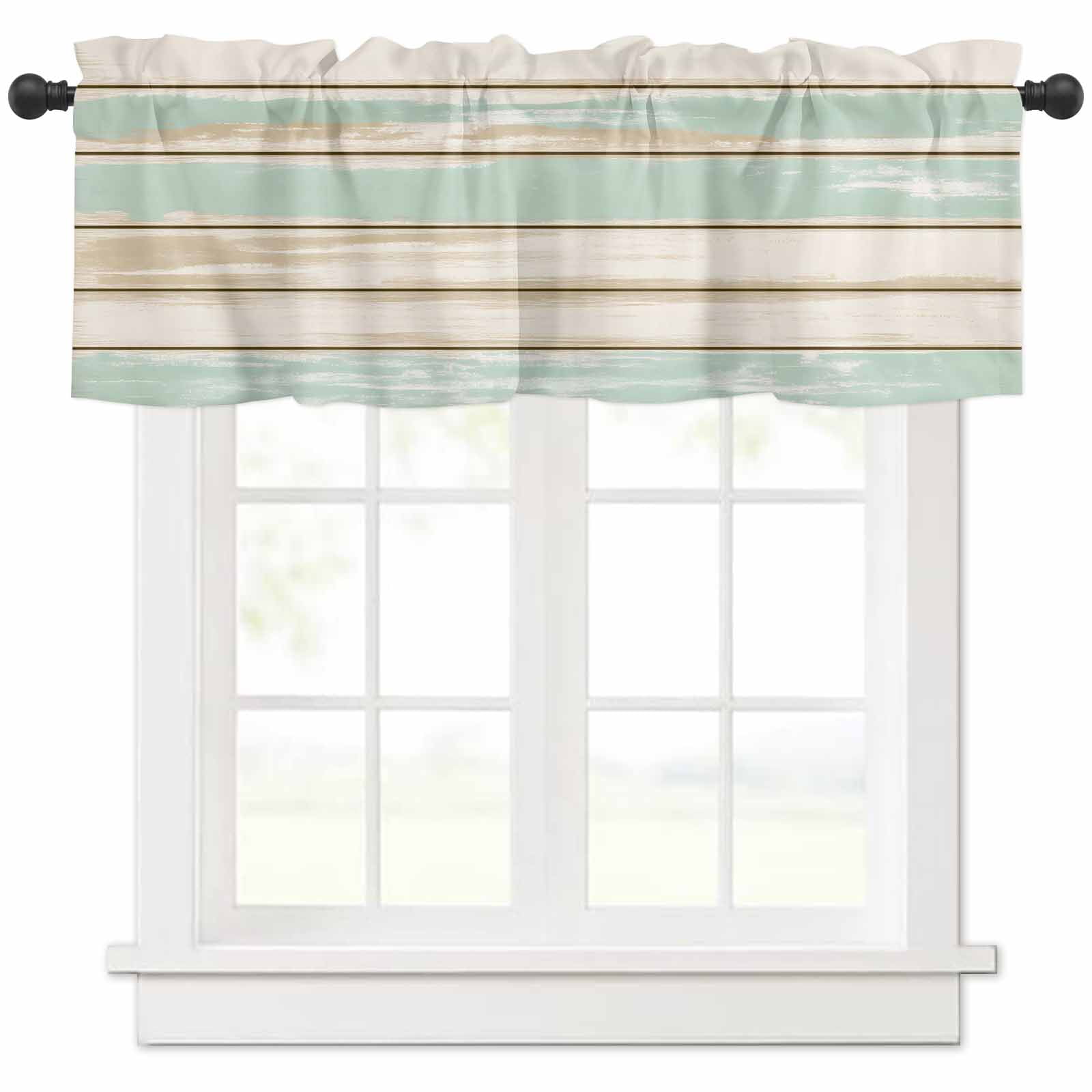 Green Beige Striped Valances for Windows Farmhouse Kitchen Curtains ...