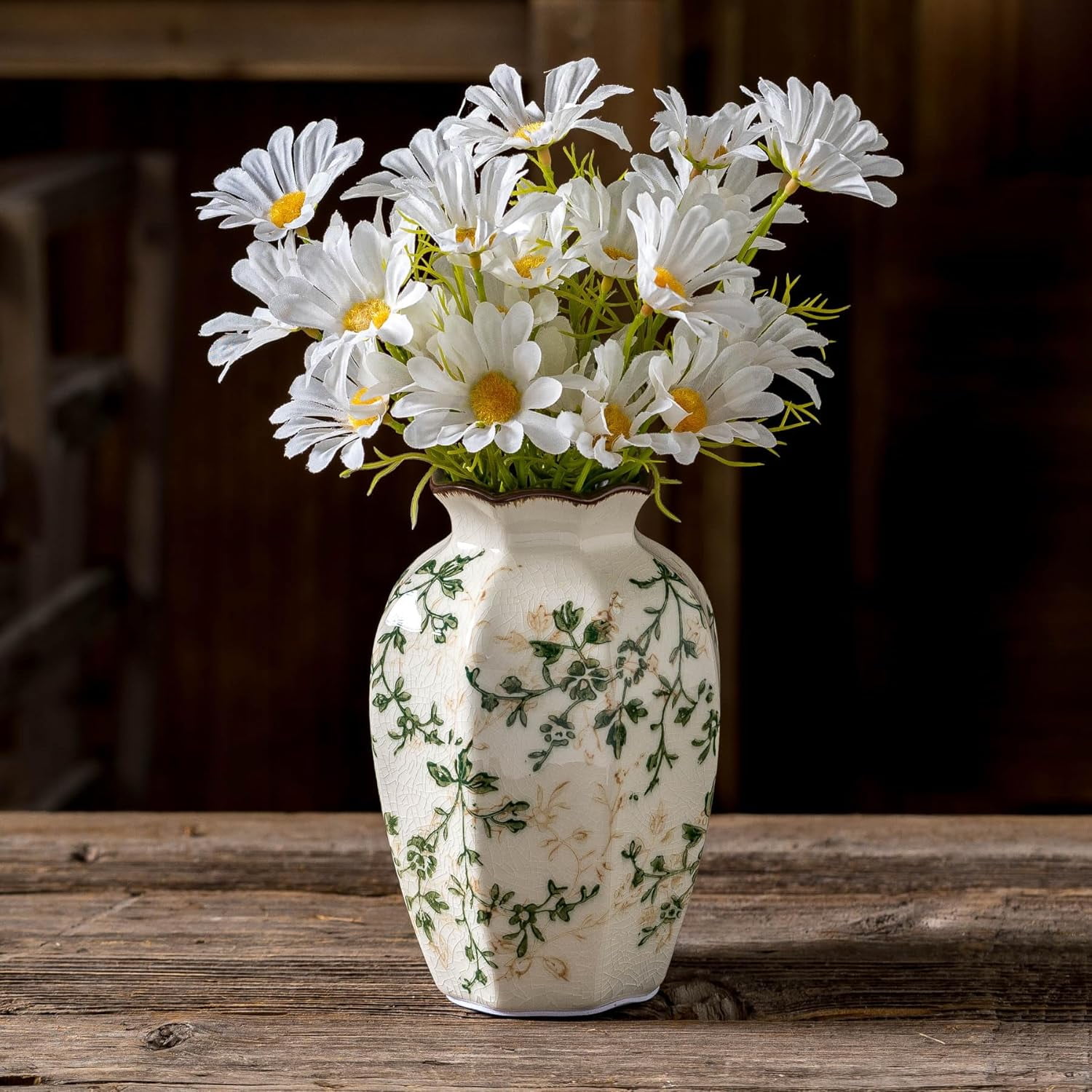 Green and Beige Vintage Vase, Chinoiserie Floral Vase, Rustic Ceramic ...
