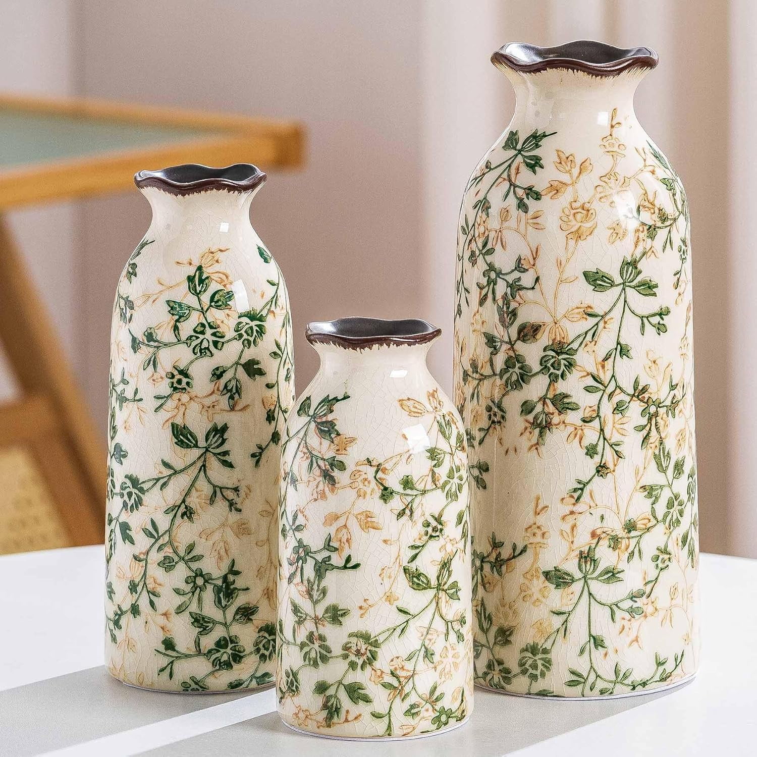 Green and Beige Vintage Vase, Chinoiserie Floral Vase, Rustic Ceramic ...