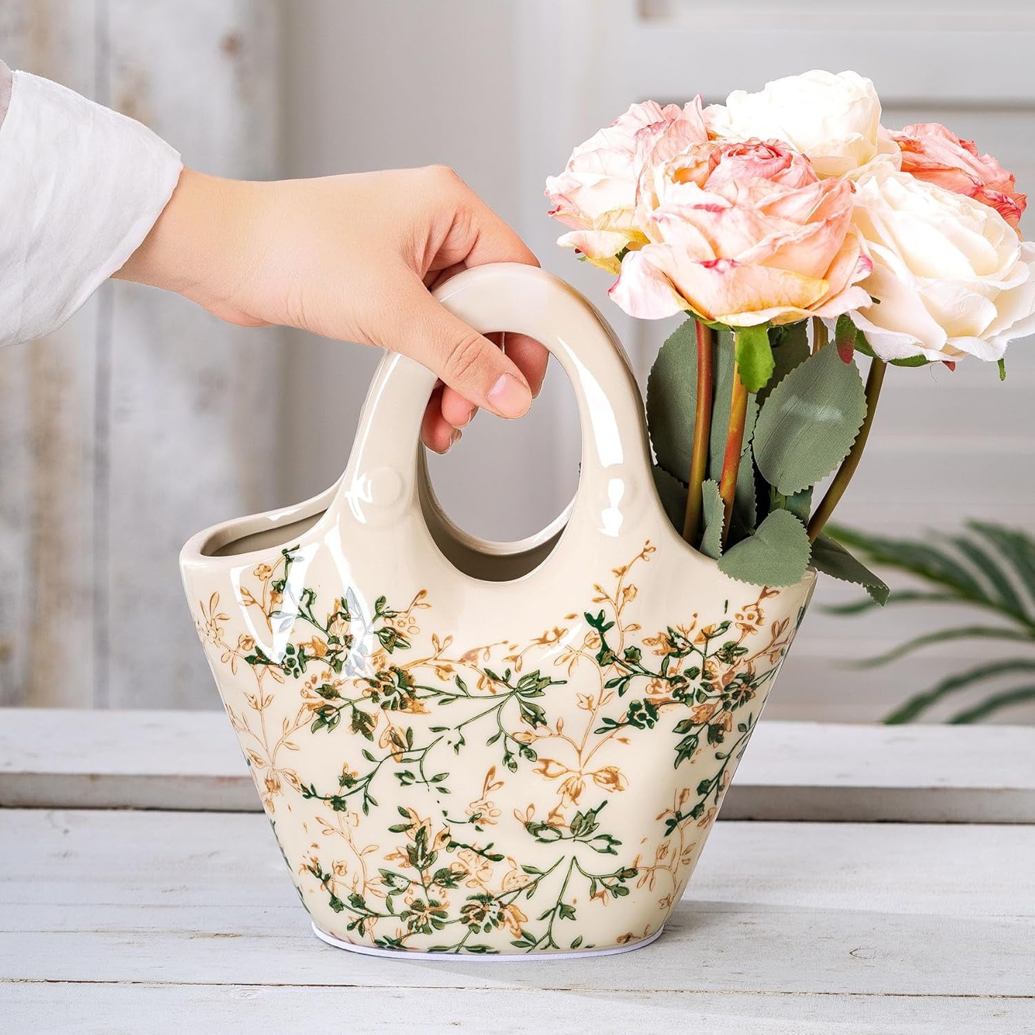 Green and Beige Vintage Vase, Chinoiserie Floral Vase, Rustic Ceramic ...