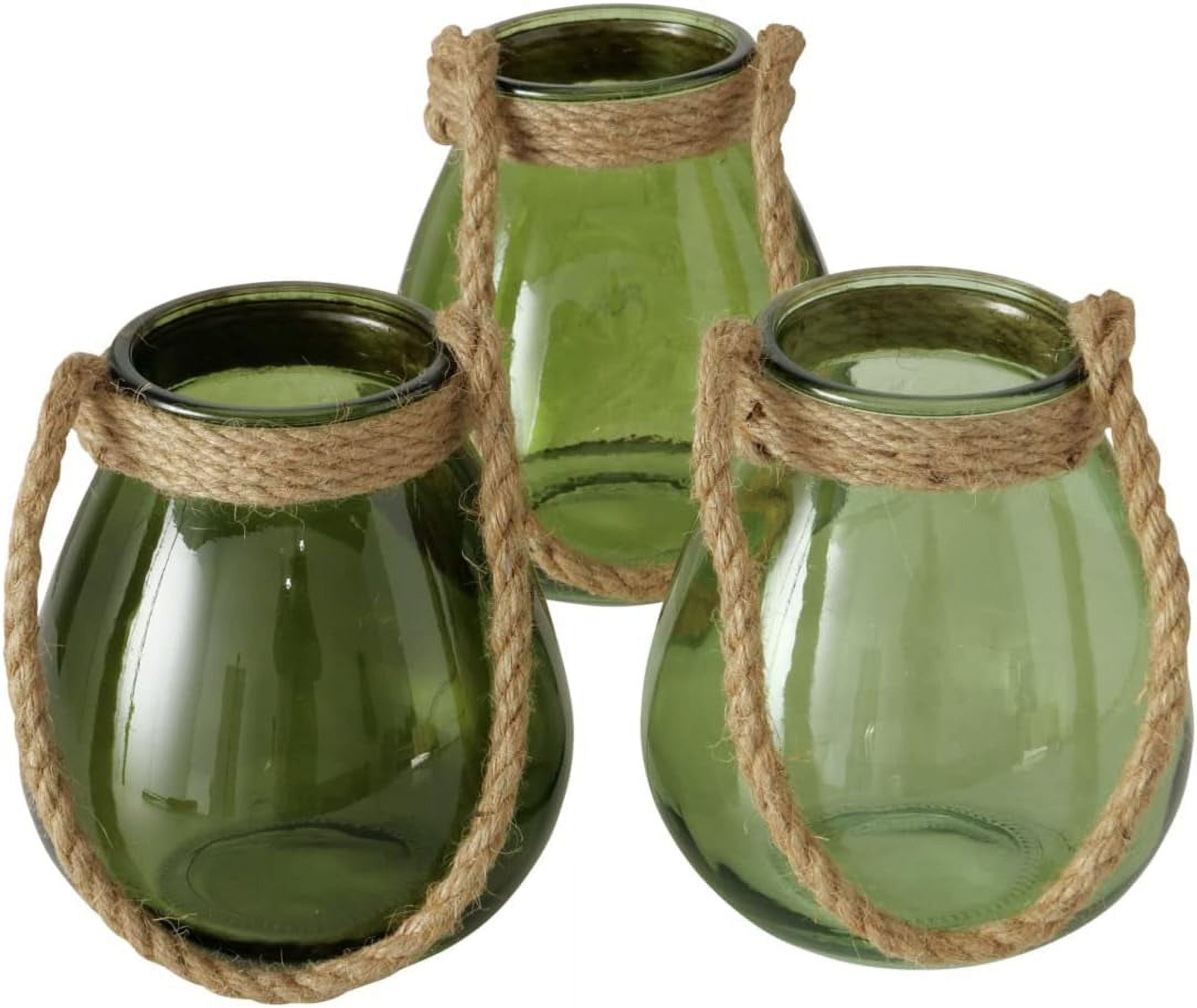 Green Bell-Jar Candle Lanterns, Set of 3, Rope Wrapped Top and Handles ...