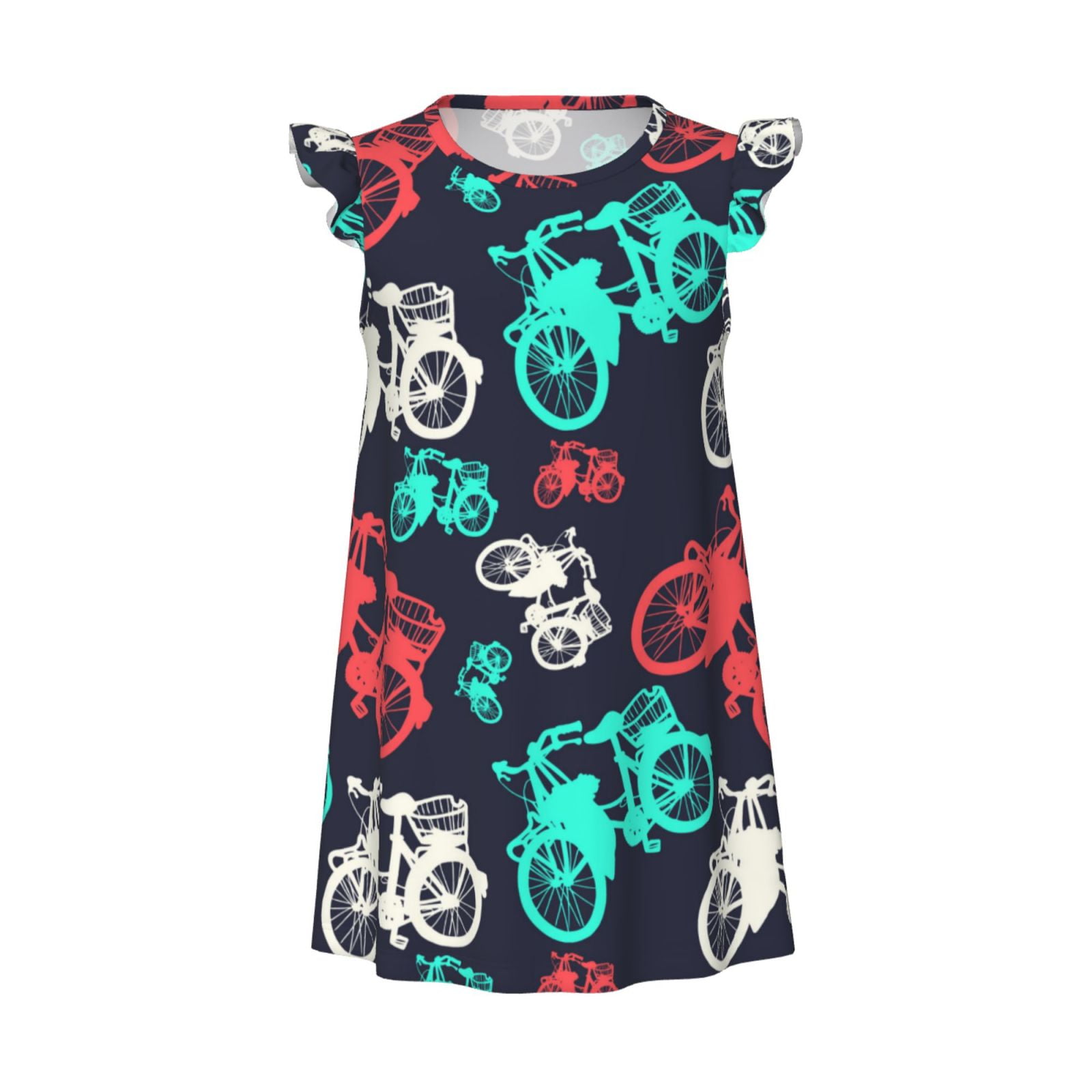 Green Bike Pattern red Girls Nightgown, Flutter Short Sleeves Night ...