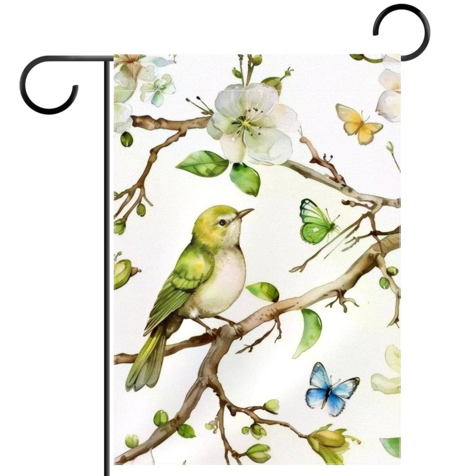 Green Bird Colored Butterflies on Floral Branches Decorative Garden ...