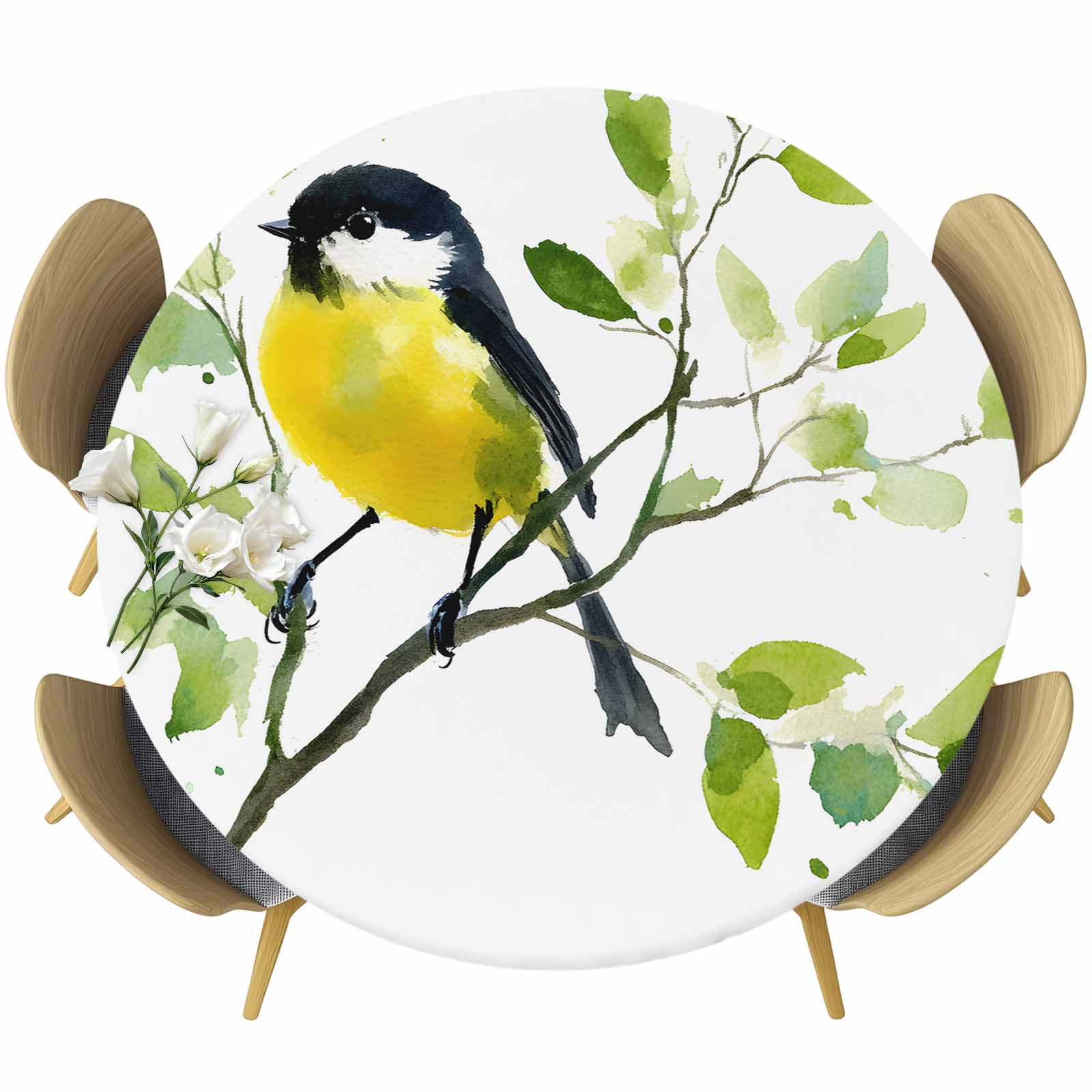 Green Bird Leaves Round Tablecloth 55-60 Inch Round Fitted Table Cloth ...