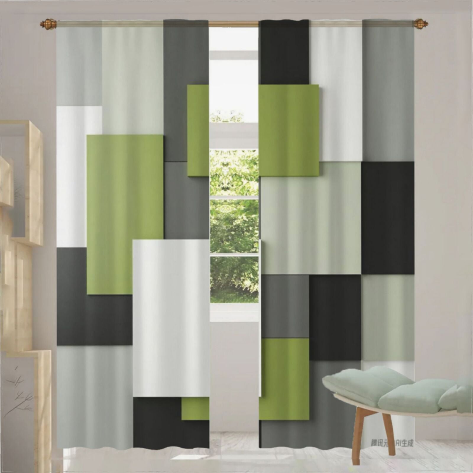 Green Black Grey Abstract Curtains for Living Room Bedroom Decor ...