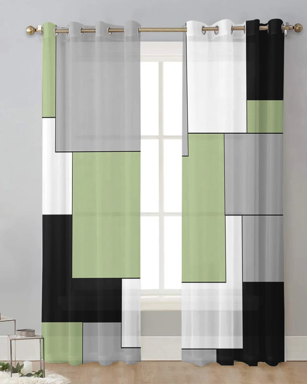 Green Black Grey Splicing Color Blocks Tulle Curtains for Living Room ...