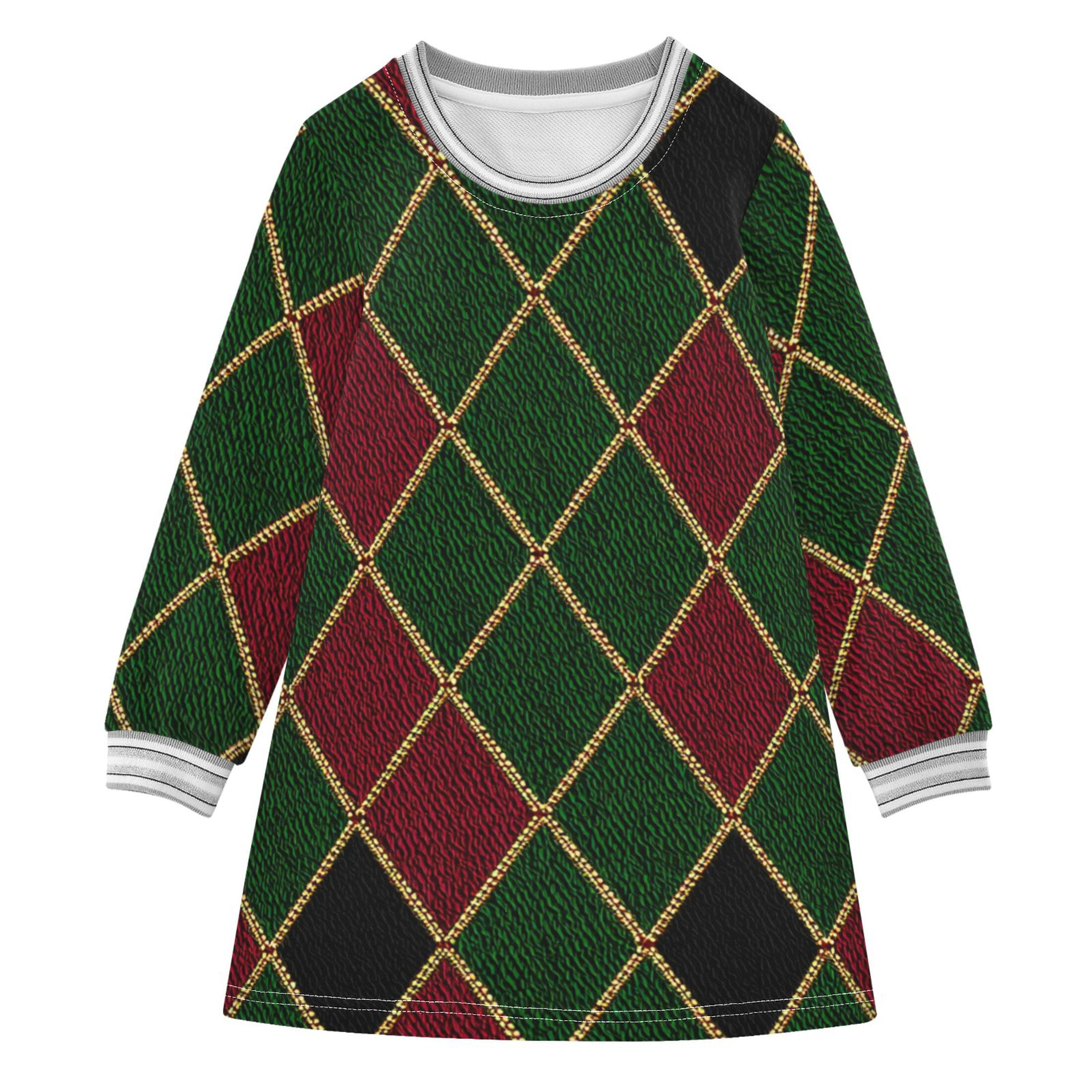 Green Black Red Rhombus Christmas Long-sleeved Dress A-line One-Piece ...