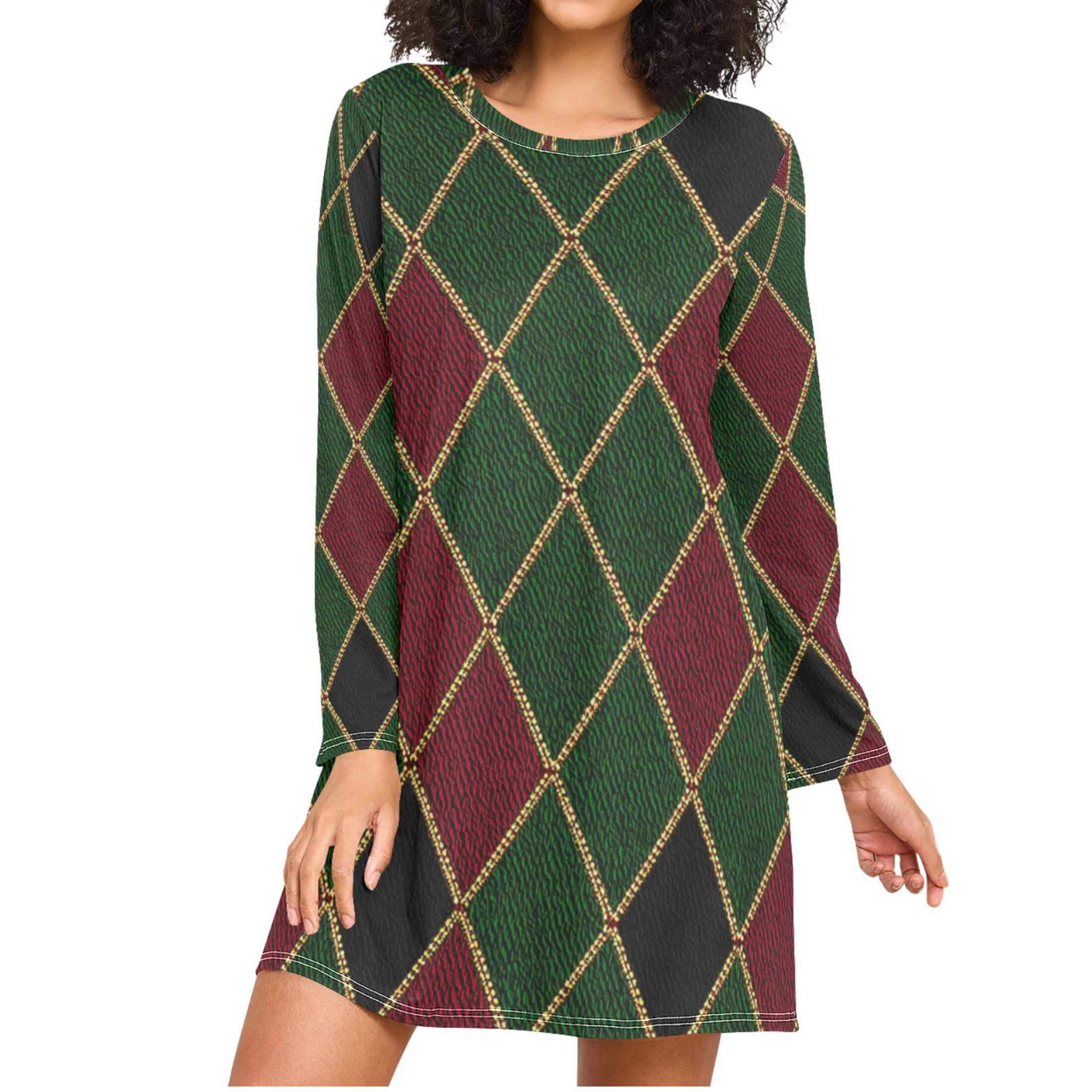 Green Black Red Rhombus Christmas Women's Long Sleeves Nightgowns ...