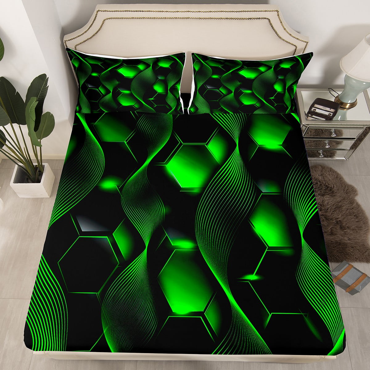 Green and Black Striped Full Fitted Sheet,Geometric Honeycomb Hexagonal ...