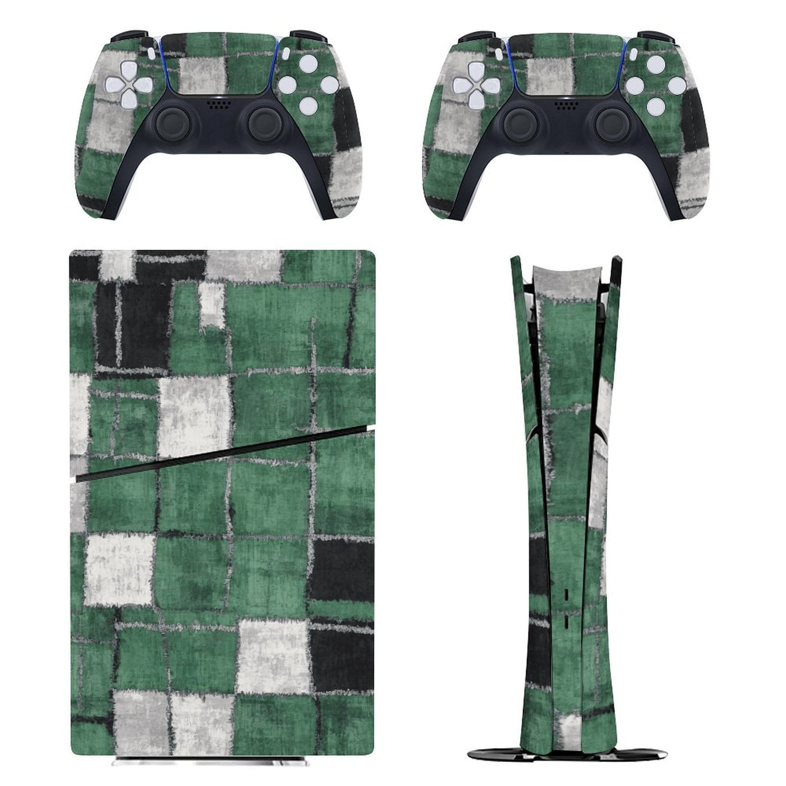 Green Black White Squares Console Skin Bundle for PS5 Pro Slim Disc ...