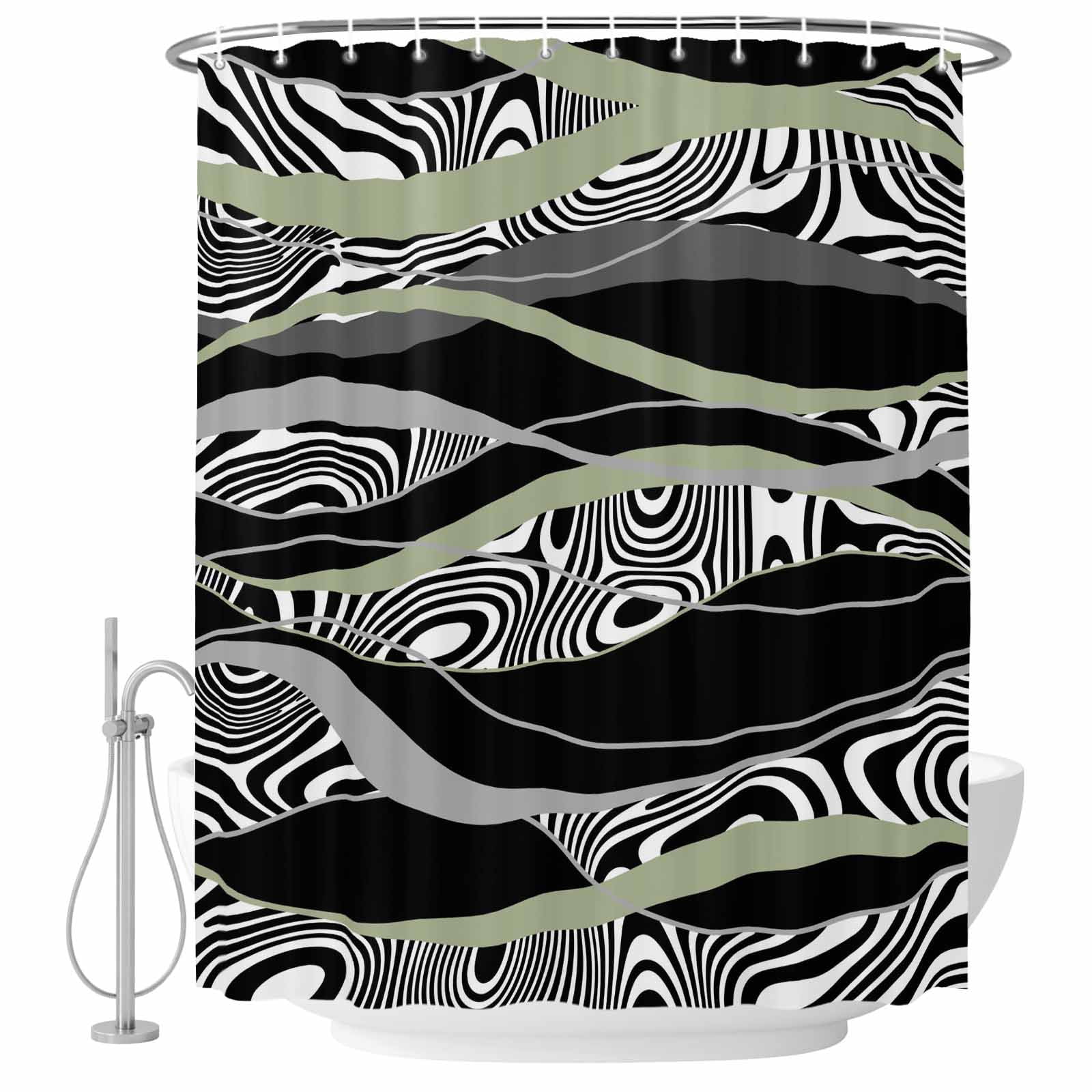 Green Black White Waves Bathroom Shower Curtains with Hooks, Modern ...