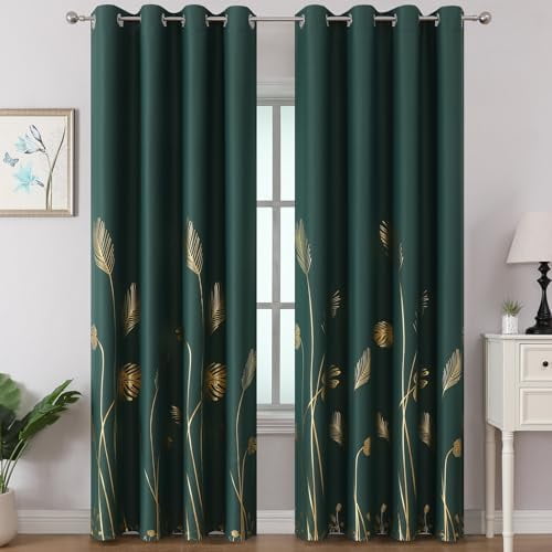 Green Blackout Curtains 102 Inches Long with Gold Palm Leaf and Wheat ...