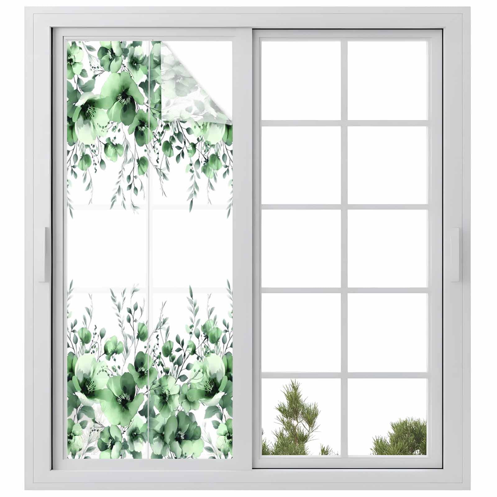 Green Blooms Floral Window Privacy Film, Farmhouse Spring Flowers ...