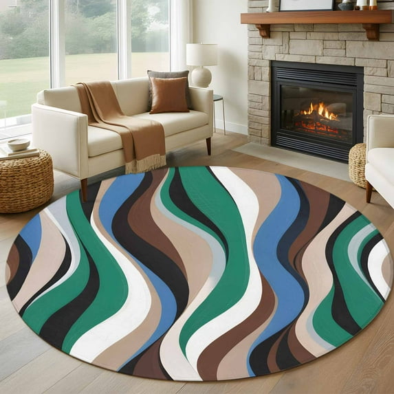 Green Blue Brown Moire Round Rug 7ft Washable Circle Rugs Non Slip ...