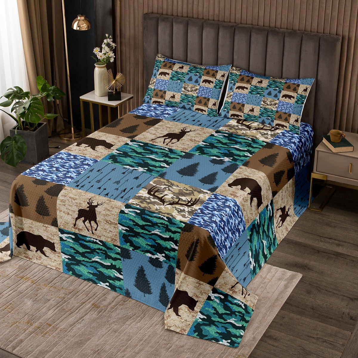 Green Blue Camouflage Quilt Set King,Woodland Animal Bear Elk Deer ...