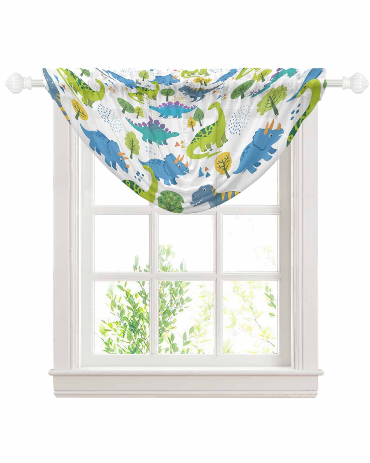 Green Blue Dinosaur Sheer Waterfall Valance Curtains for Window, Trees ...