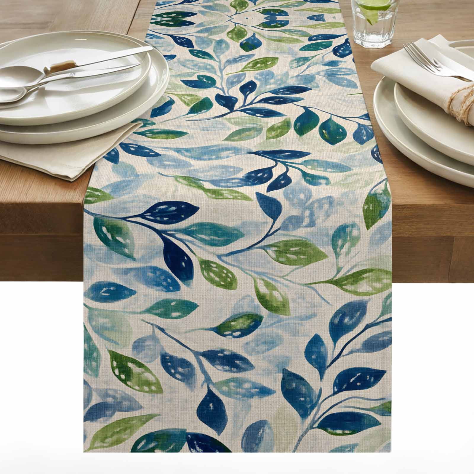 Green Blue Eucalyptus Leaf Cotton Linen Table Runner Watercolor ...
