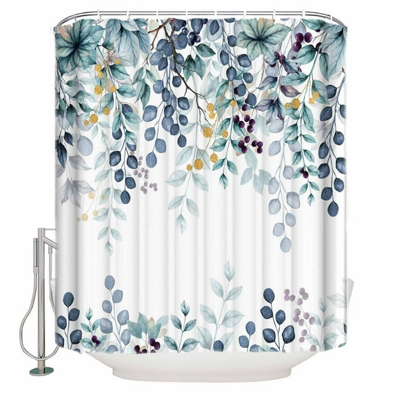 Green Blue Eucalyptus Leaves Bathroom Shower Curtains with 12 Hooks ...