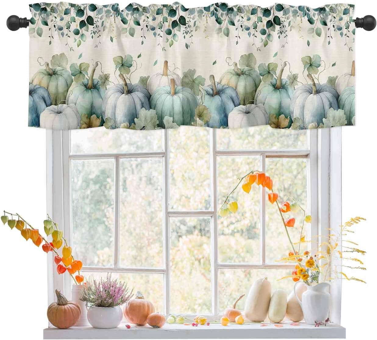 Green Blue Fall Valances for Windows, Vintage Pumpkins Kitchen Curtains ...