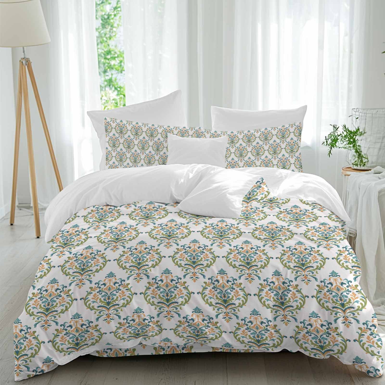 Green Blue Floral Duvet Cover Set King Size, Vintage Abstract Yellow ...