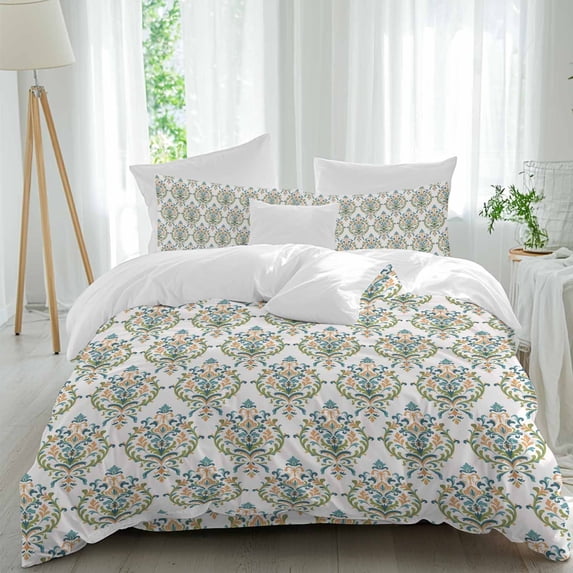 Green Blue Floral Duvet Cover Set King Size, Vintage Abstract Yellow ...