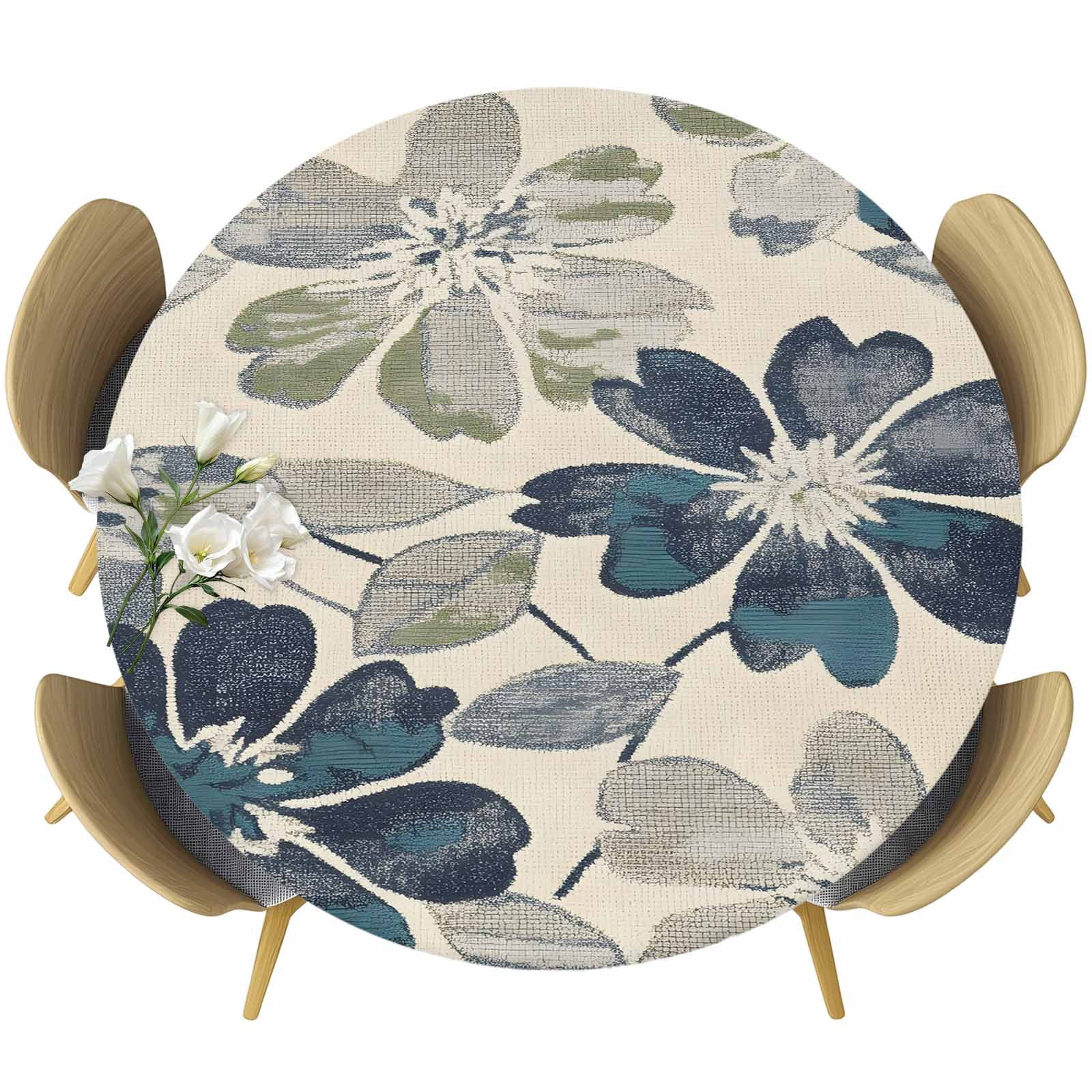 Green Blue Floral Round Tablecloth 36-44 Inch Round Fitted Table Cloth ...
