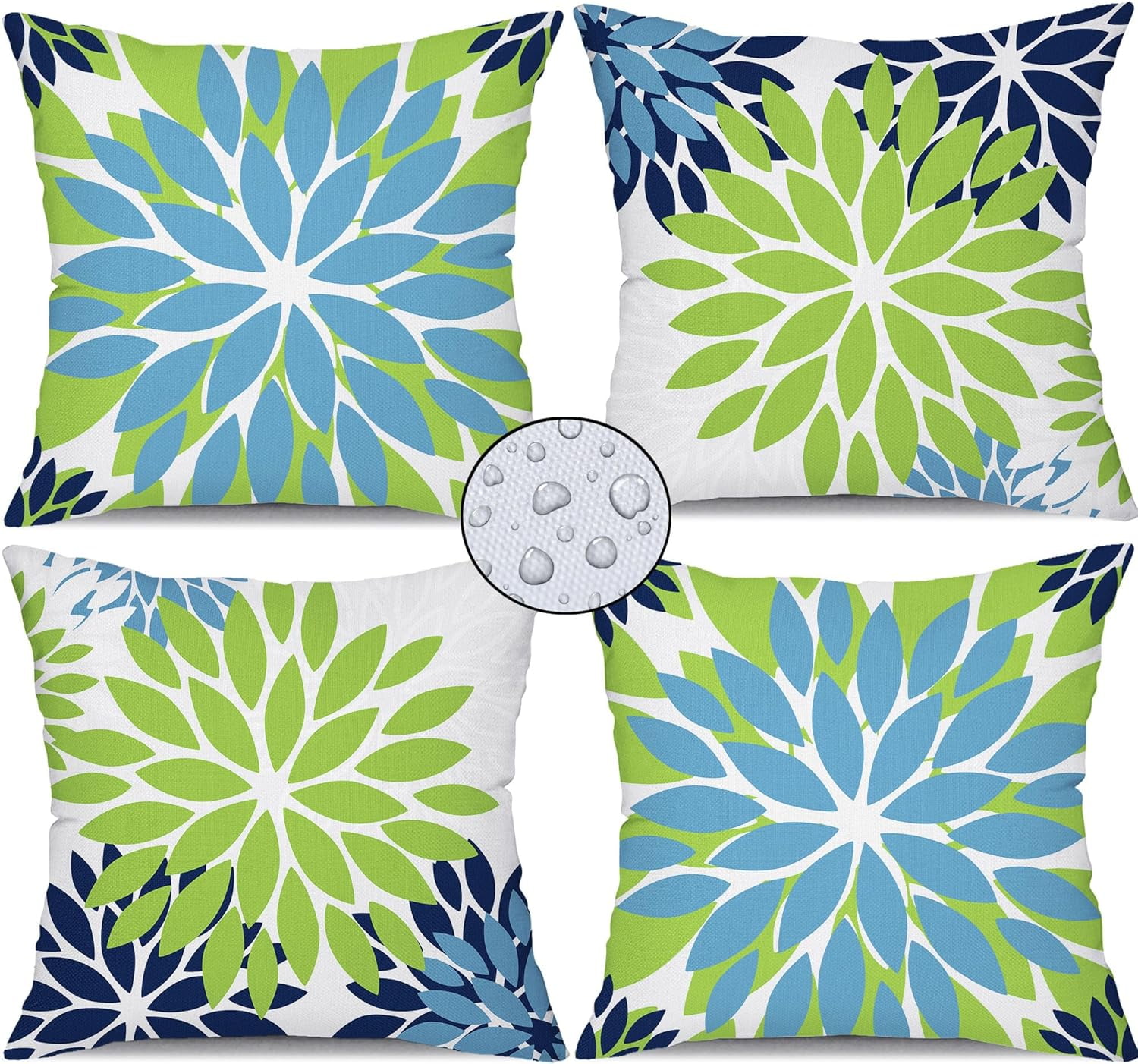 Green Blue Flower Pillow Covers 18x18 Inch Set of 4 White Blue Colored ...