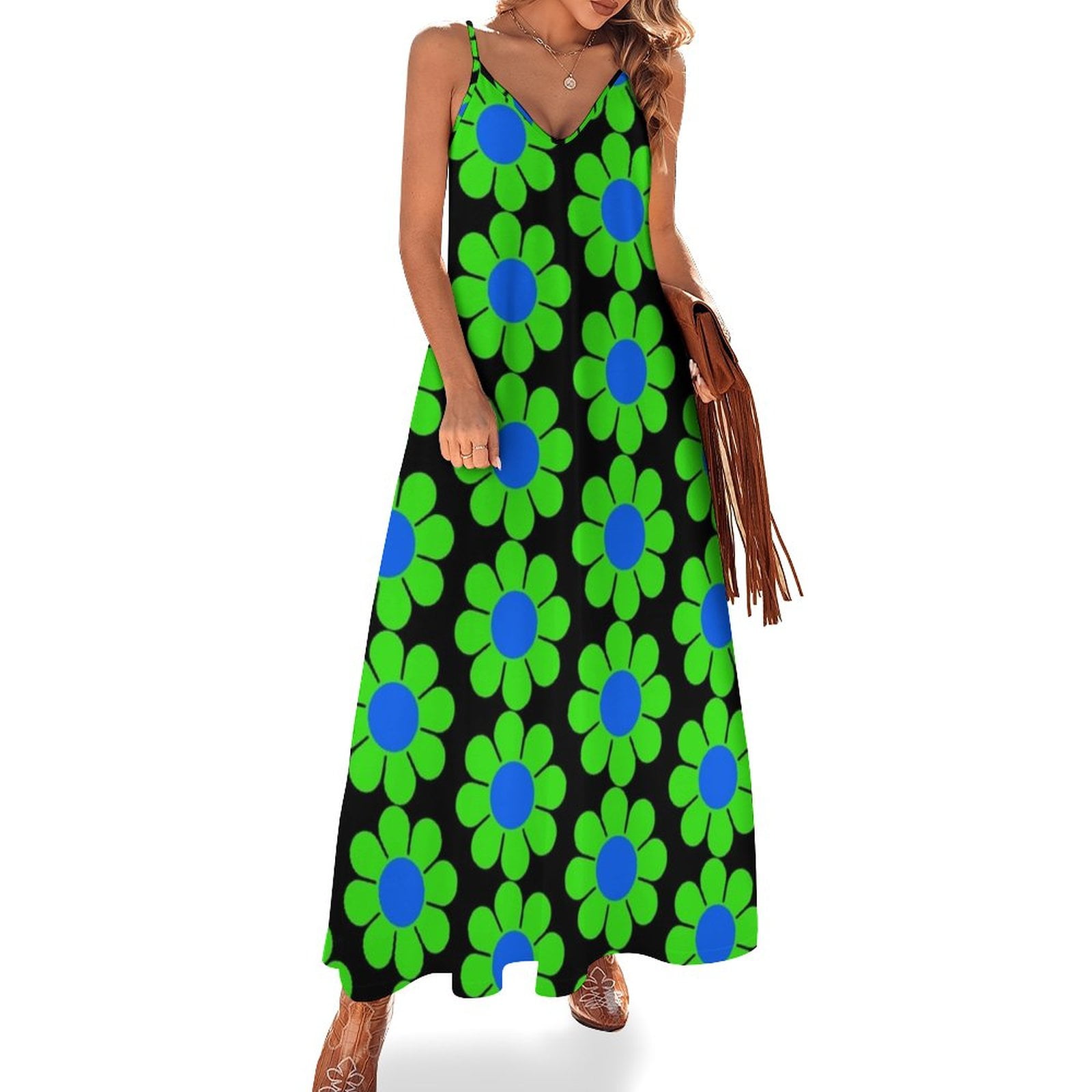Green Blue Hippy Flower Daisy Sleeveless Dress dress summer women ...