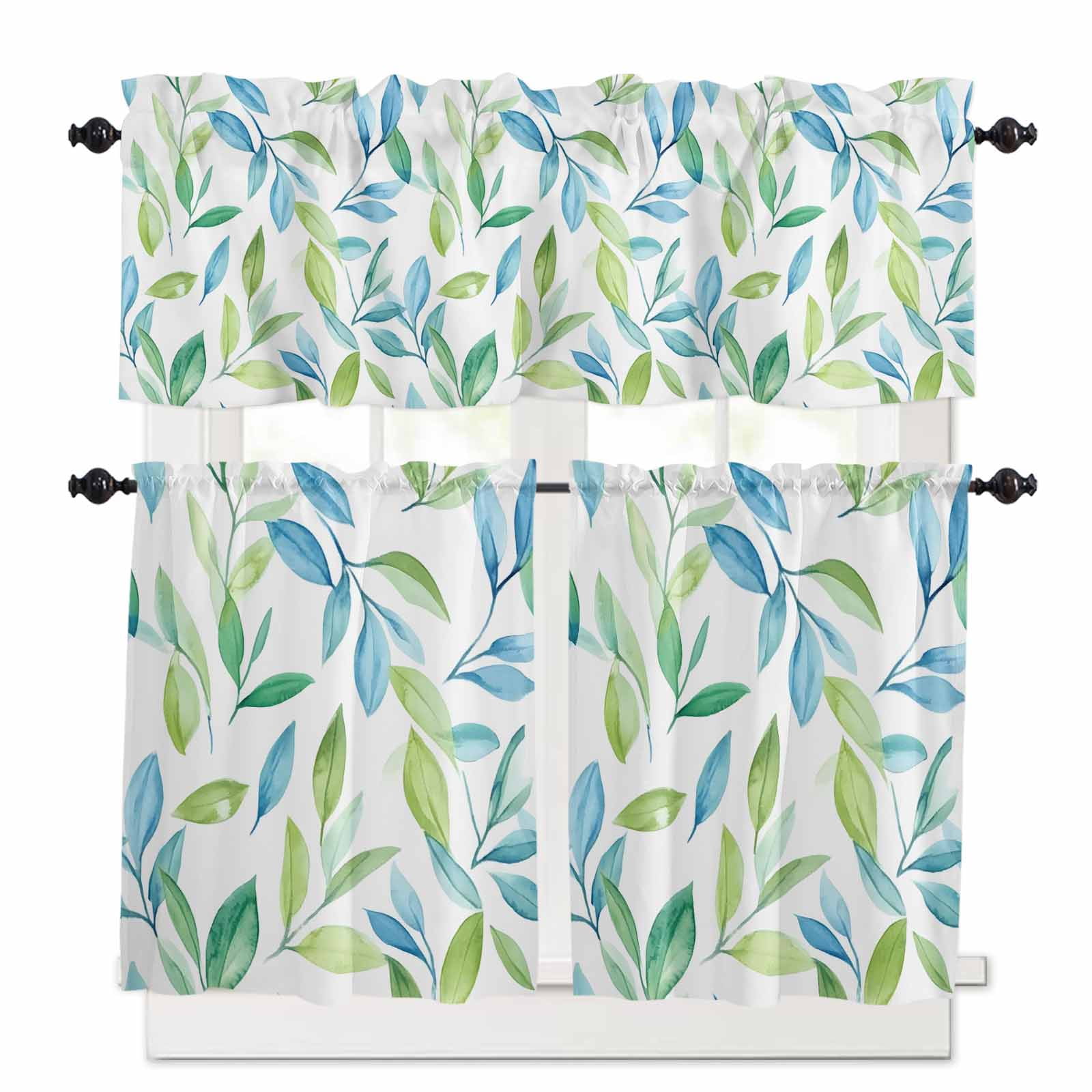 Green Blue Leaf Kitchen Curtains and Valances Set, Watercolor ...