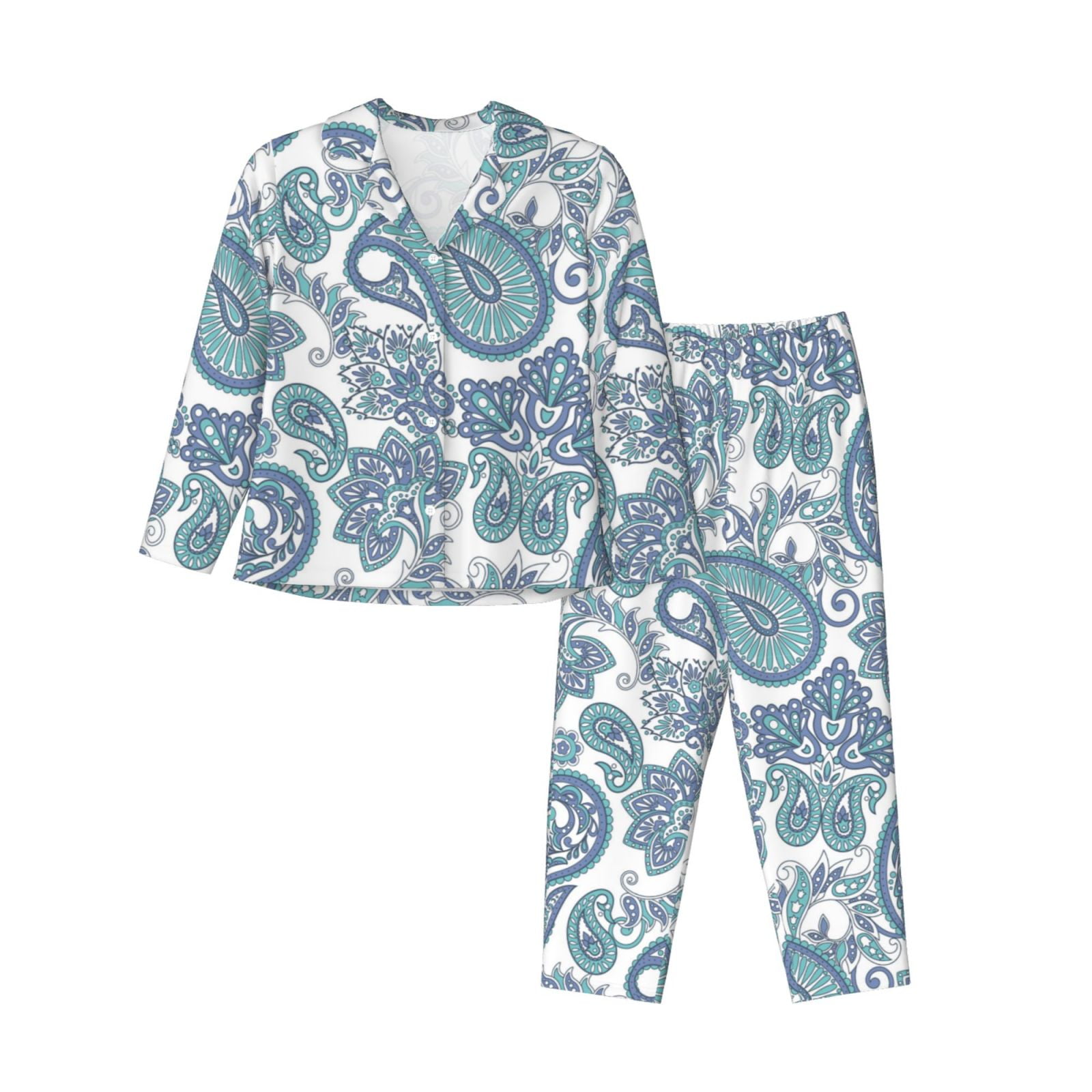 Green Blue Paisley Pajamas for Women Set - Comfy Long Sleeve Button ...