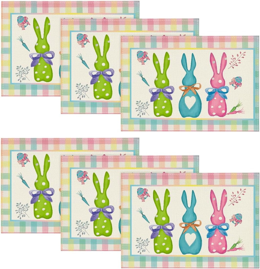Green Blue Pink Buffalo Plaid Bunny Happy Easter Placemats Set of 6 ...