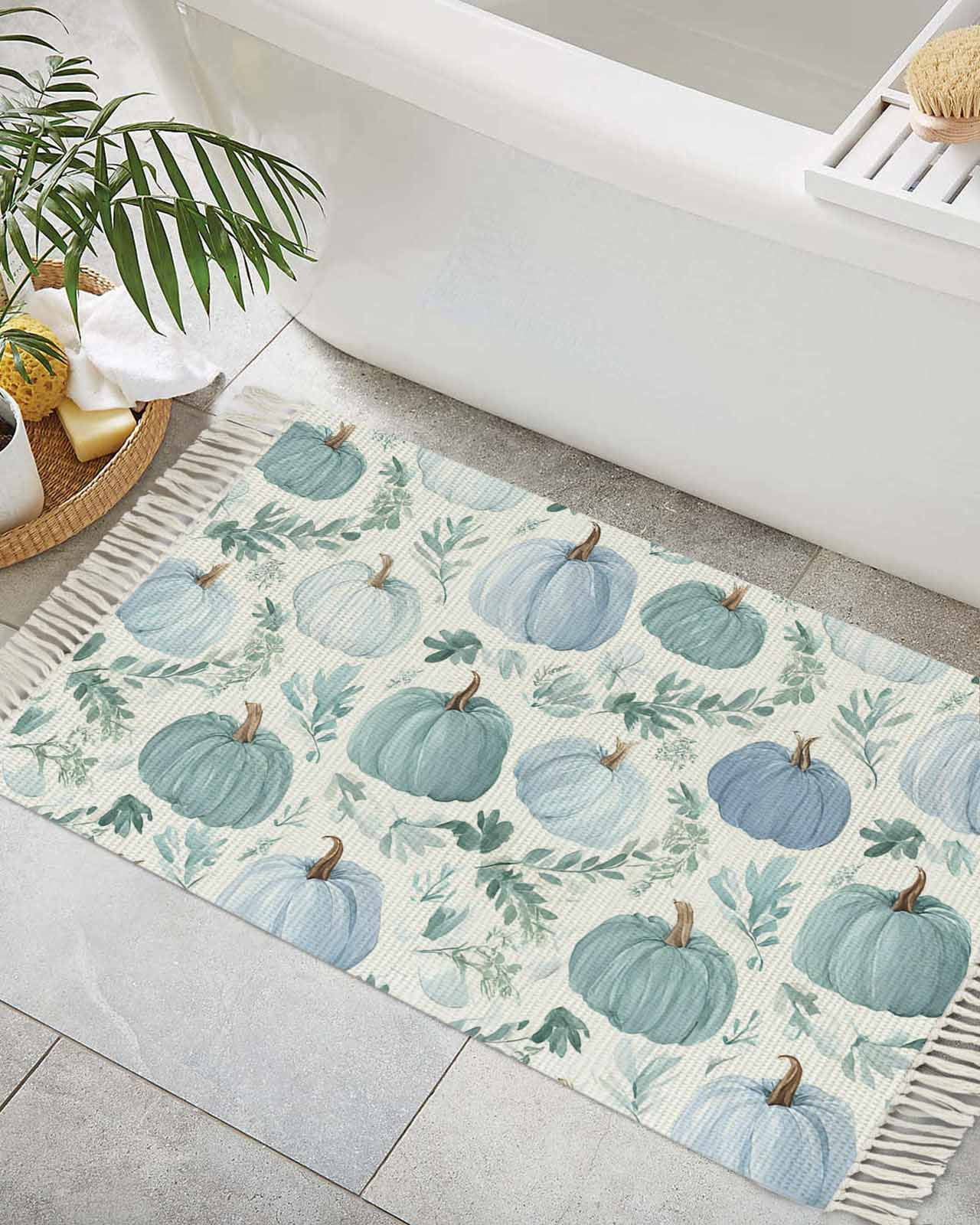 Green Blue Pumpkins Fall Bathroom Rug 2x3 Front Door Mat with Tassel ...