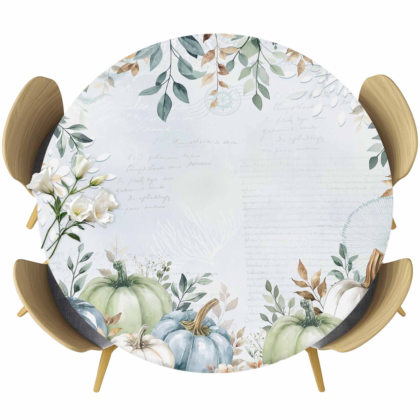 Green Blue Pumpkins Fall Round Tablecloth, Fitted Table Cover with ...
