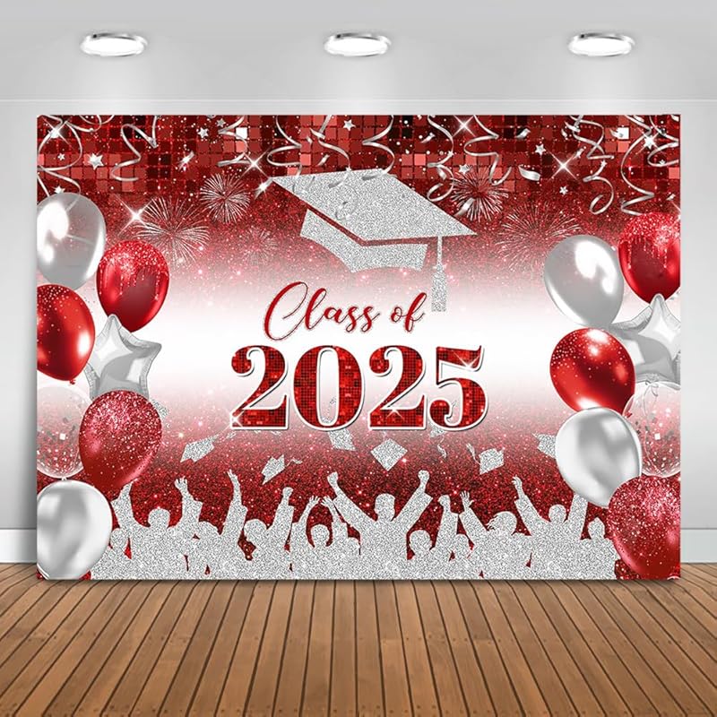 Green Blue Red Silver Class of 2025 Backdrop Graduation Caps Congrats ...