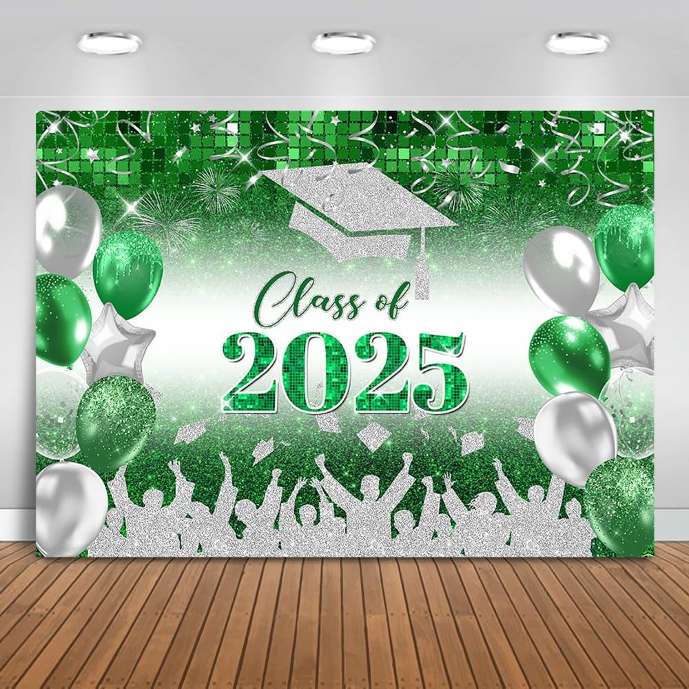 Green Blue Red Silver Class of 2025 Backdrop Graduation Caps Congrats ...