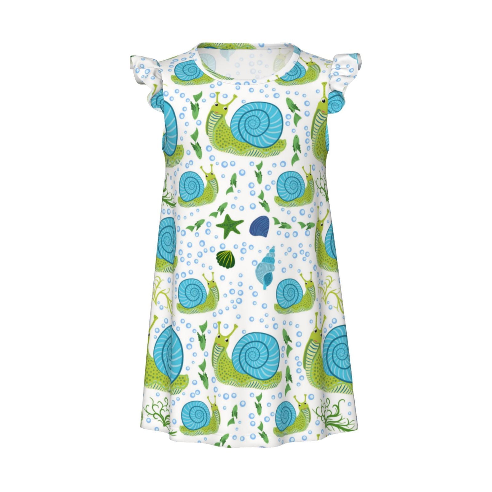 Green Blue Slug Shells Girls Nightgown, Flutter Short Sleeves Night ...