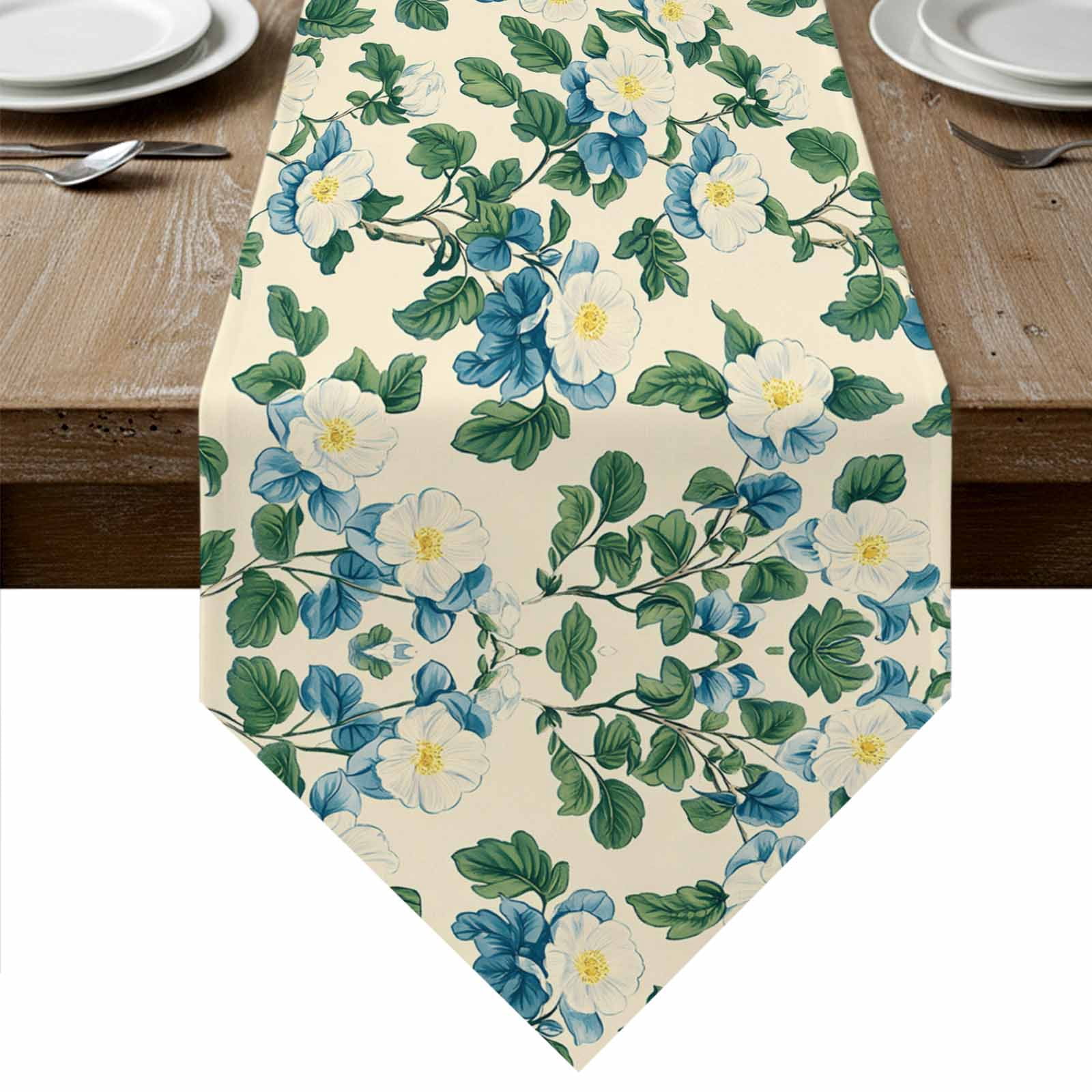 Green Blue Spring Floral Table Runner Linen Burlap Table Runner 60 ...