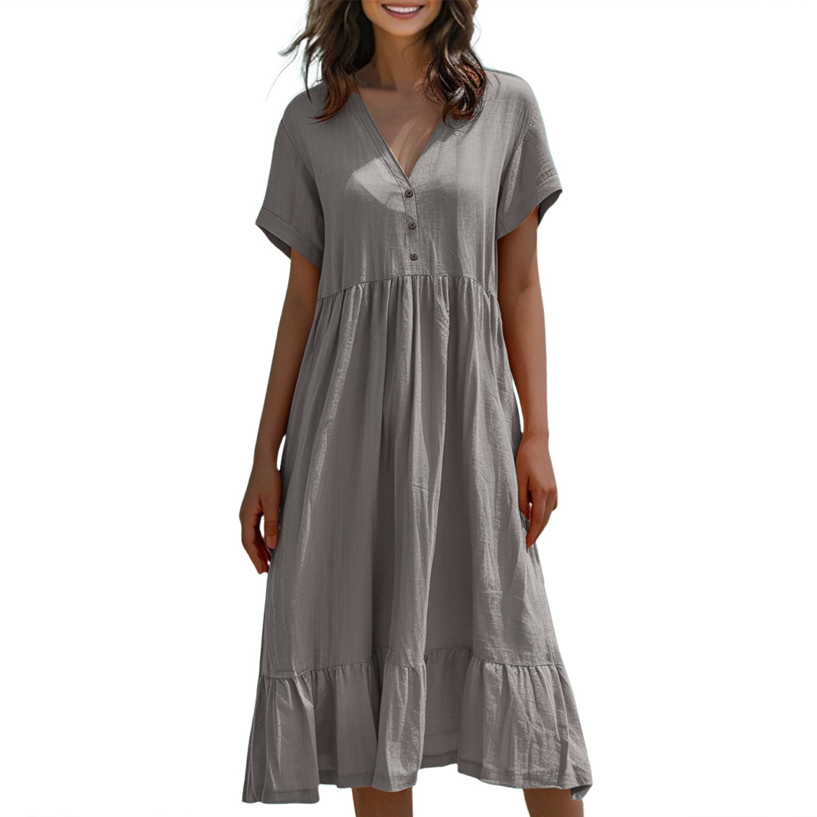 Green Bodycon Dress, Casual Beach Short Sleeve Cotton Linen Button ...