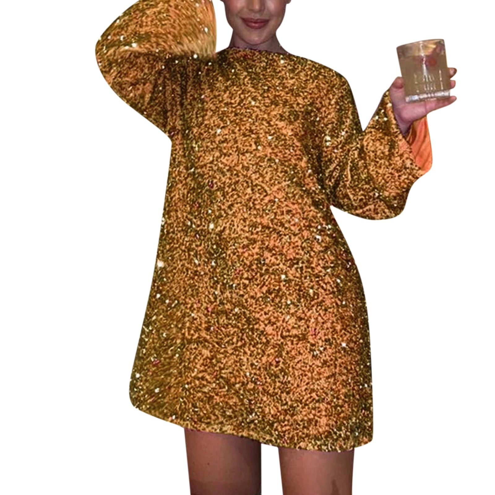 Green Bodycon Dress, Homecoming Round Neck Long Sleeve Sparkling Sequin ...