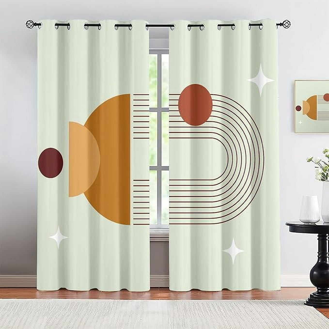 Green Bohemian Art Blackout Curtains, Medieval Arched Geometric Stripes ...