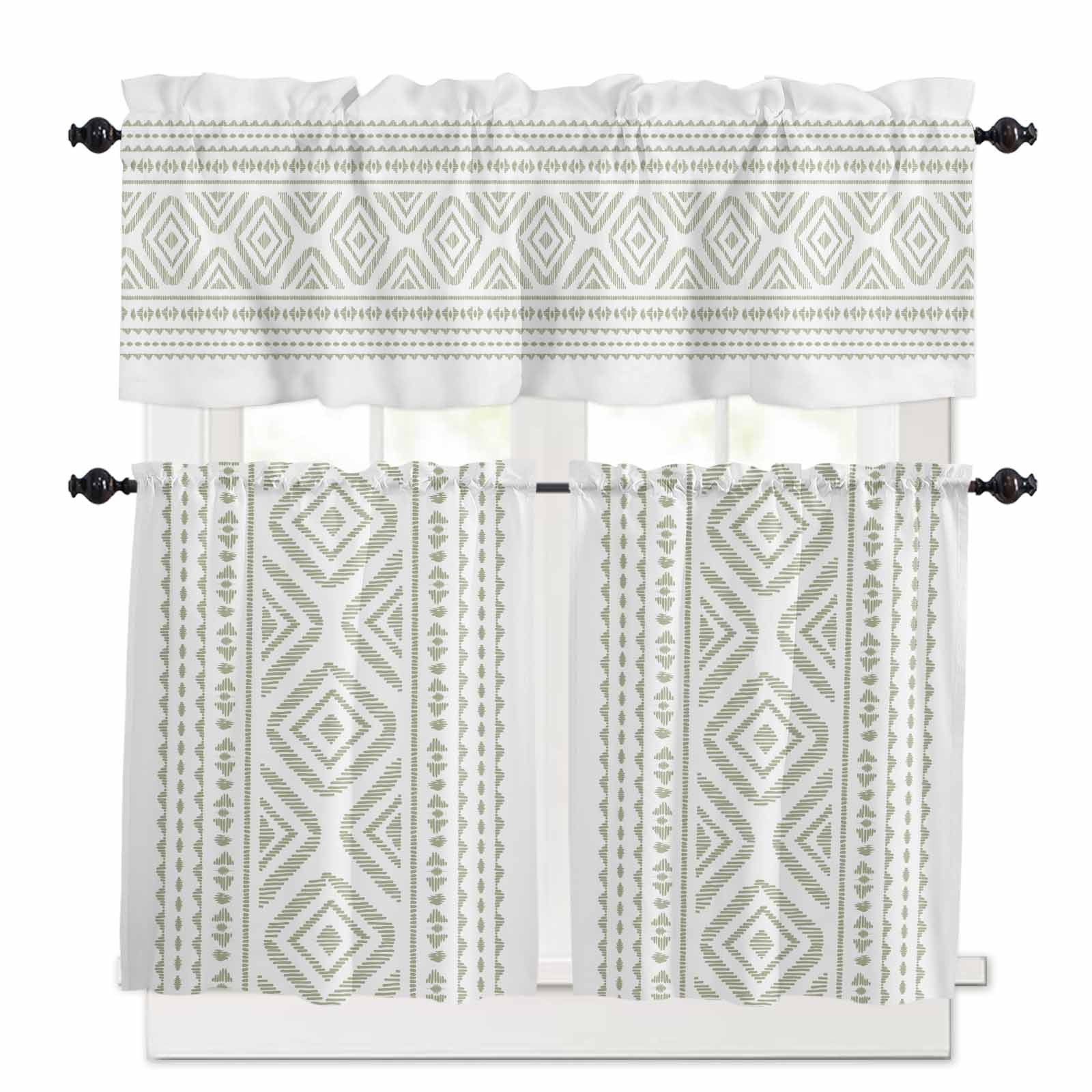 Green Bohemian Kitchen Curtains Valances and Tiers Set of 3, Abstract ...