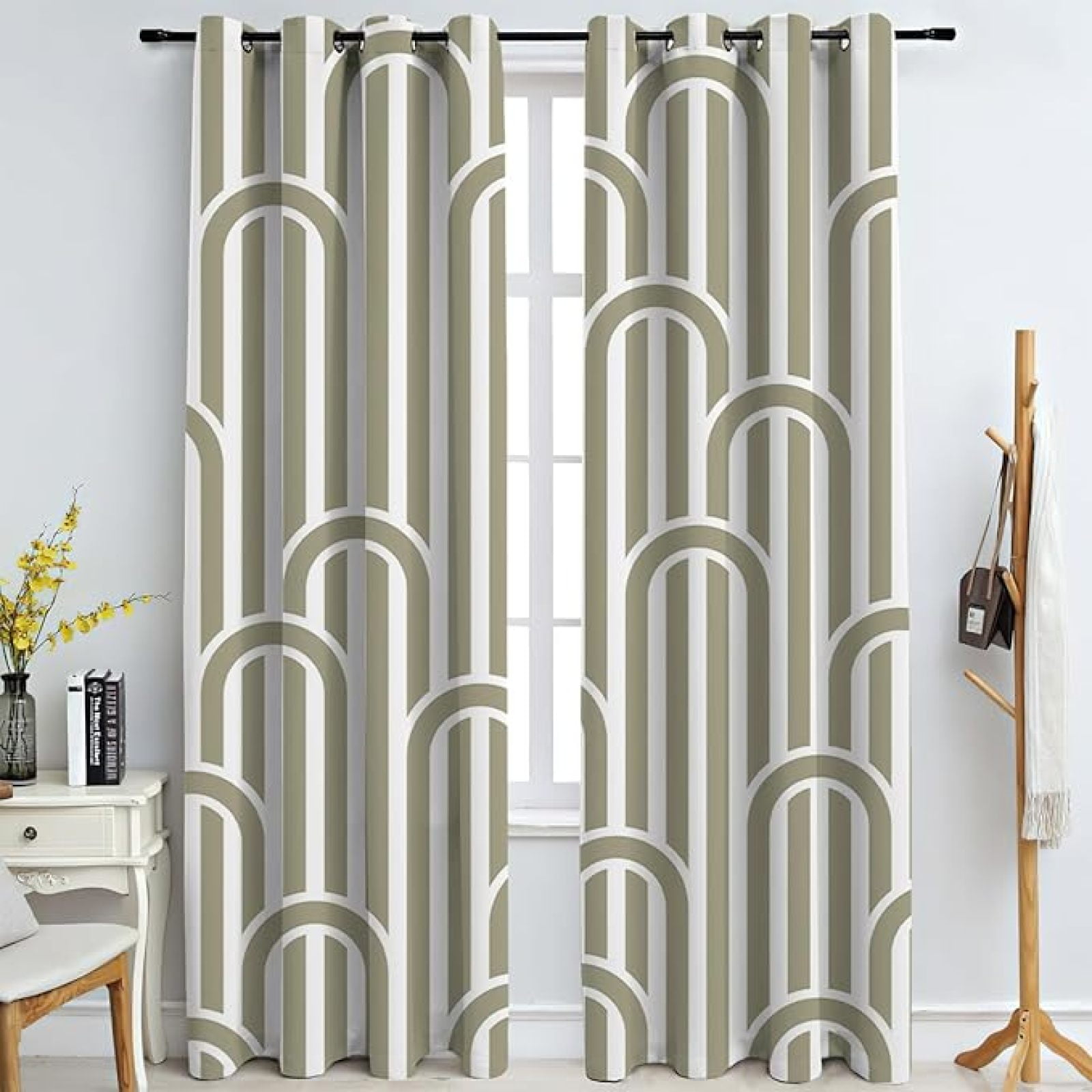 Green Bohemian Stripes Window Curtains, European Medieval Geometric ...