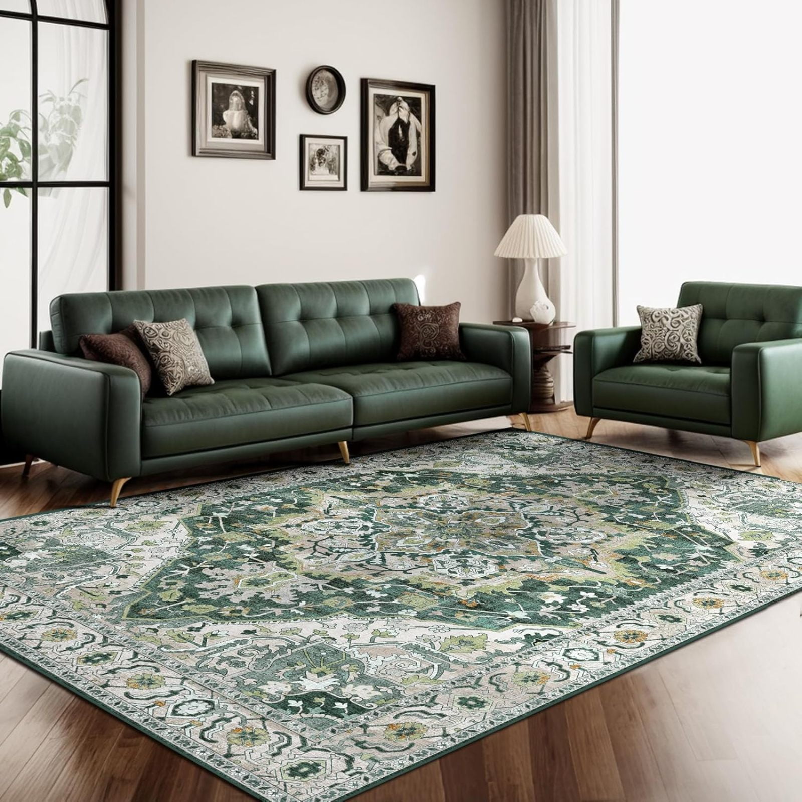 Green Boho Area Rug Vintage Rug For Living Room Washable Bohemian ...