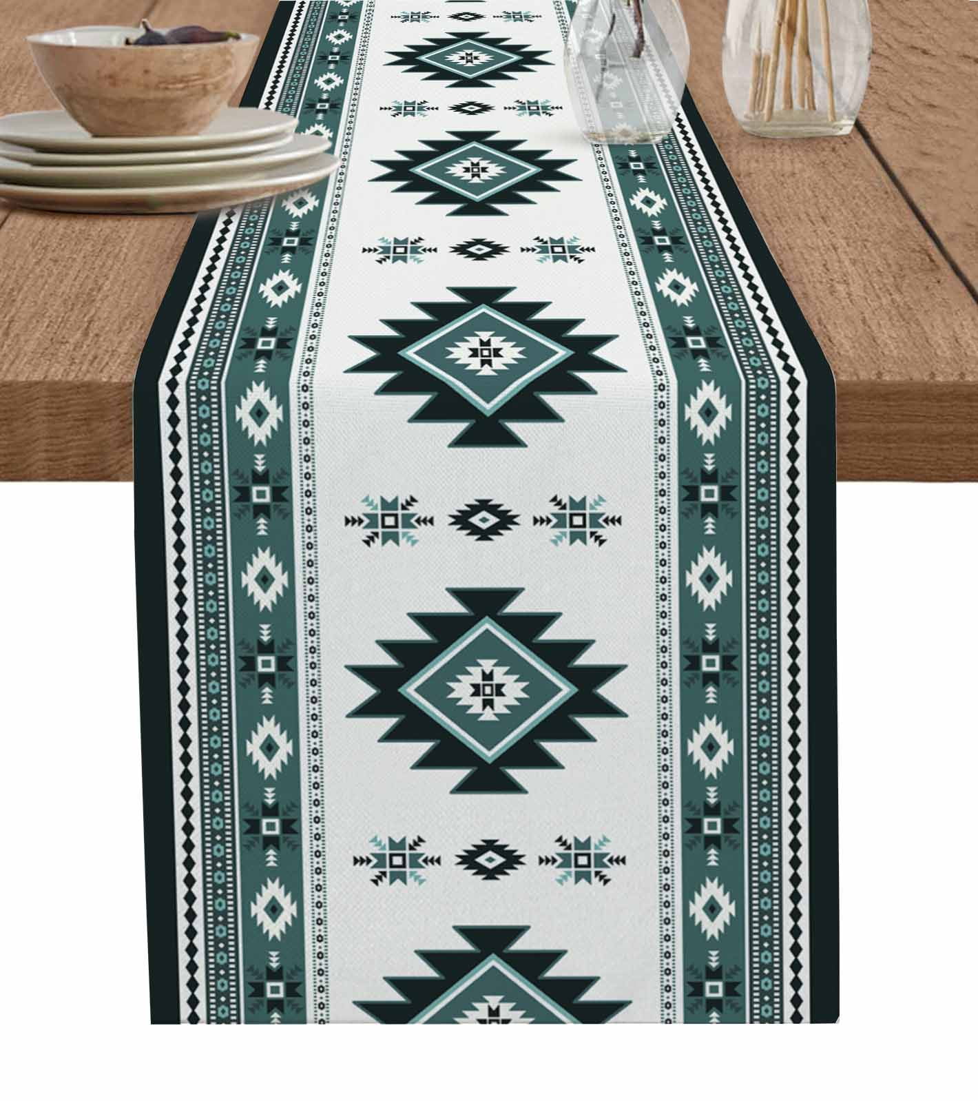 Green Boho Burlap Cotton Table Runner 14x72 Inches Long, Ethnic Tribal ...
